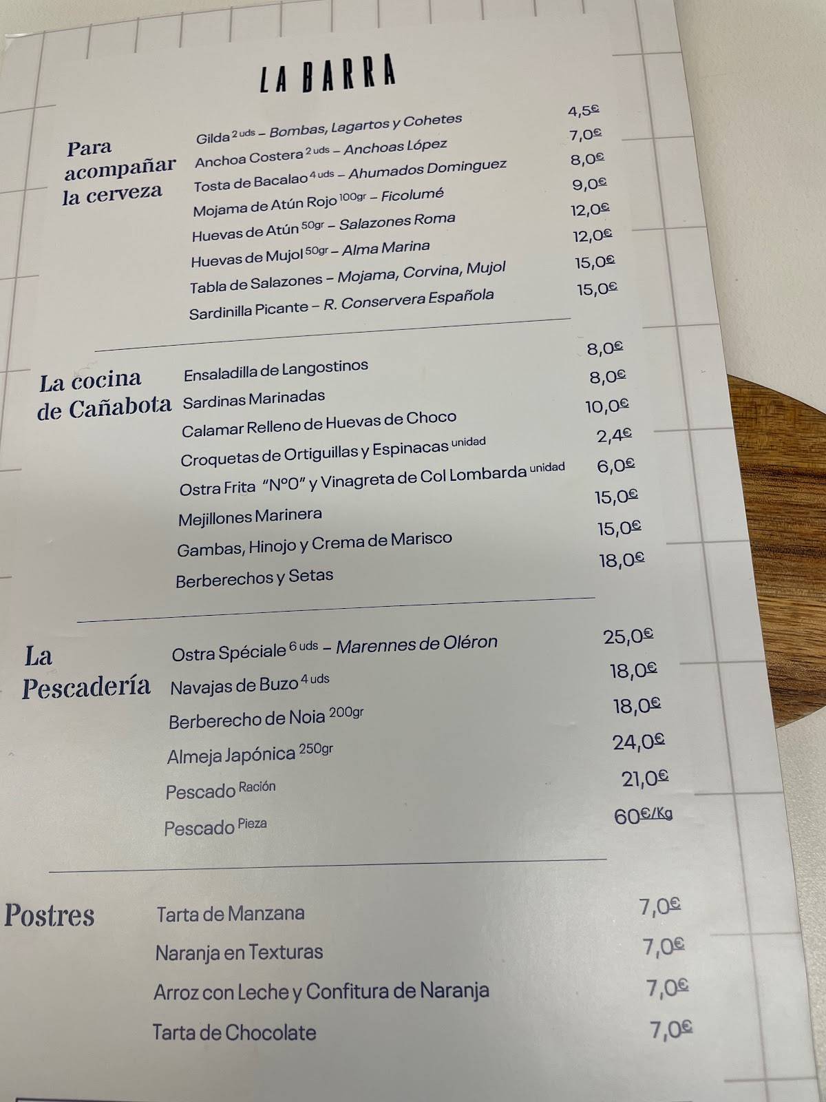 Menu at LA BARRA DE CAÑABOTA, Seville, C. Orfila