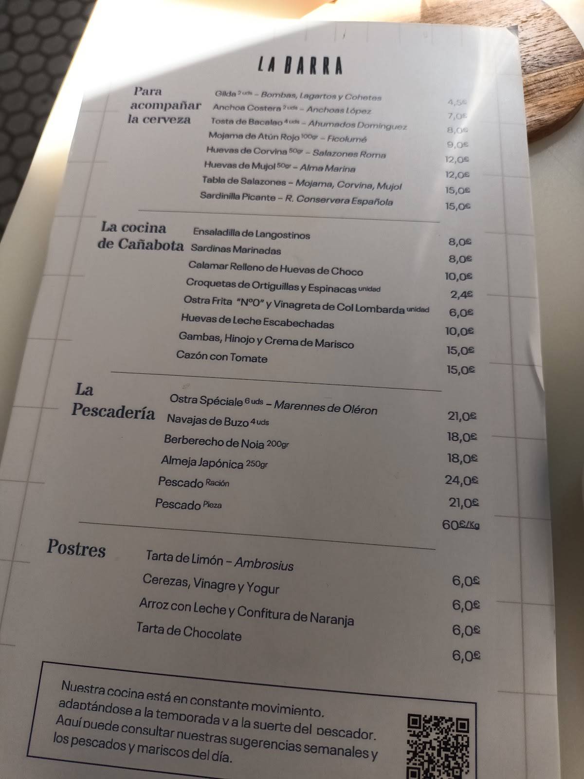 Menu at LA BARRA DE CAÑABOTA, Seville, C. Orfila
