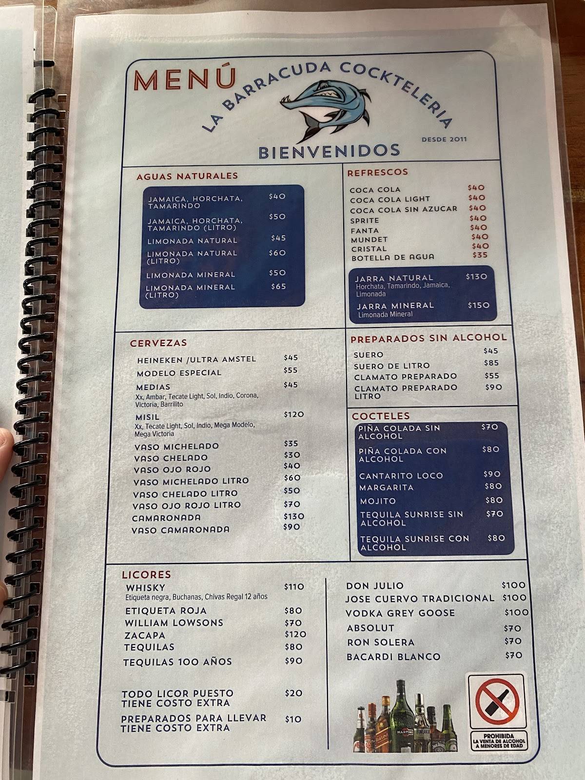 Menu at La Barracuda Seafood, Playa del Carmen