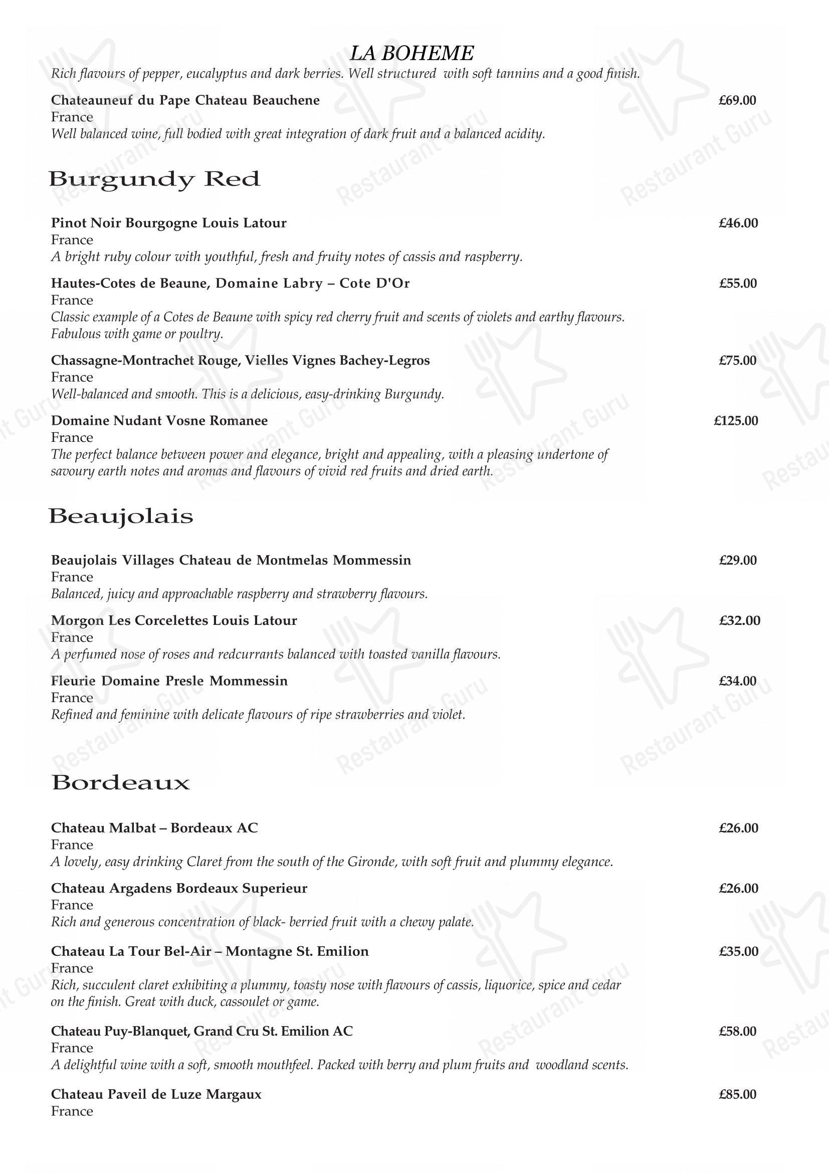 Menu at La Boheme restaurant, Lymm