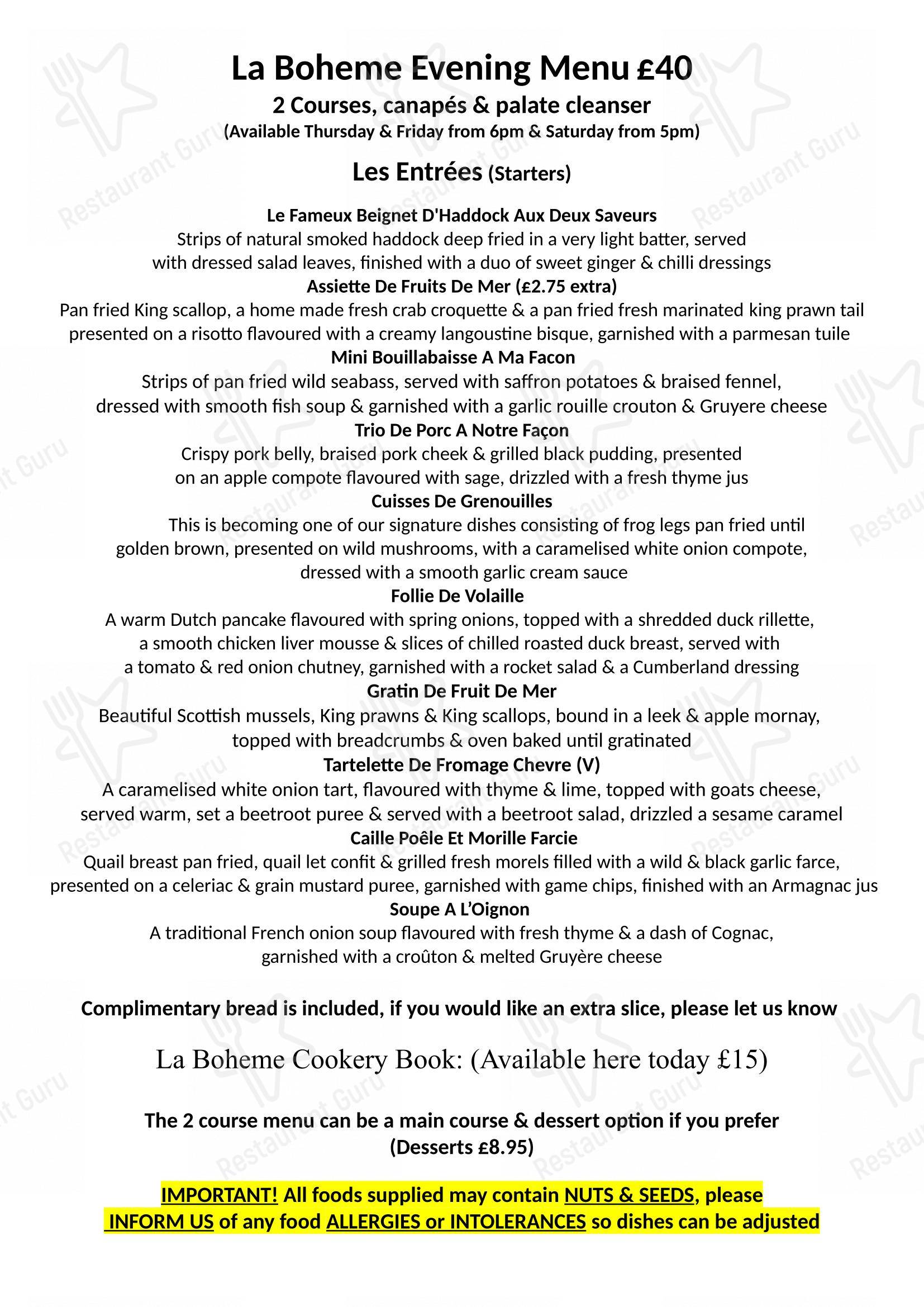 Menu at La Boheme restaurant, Lymm
