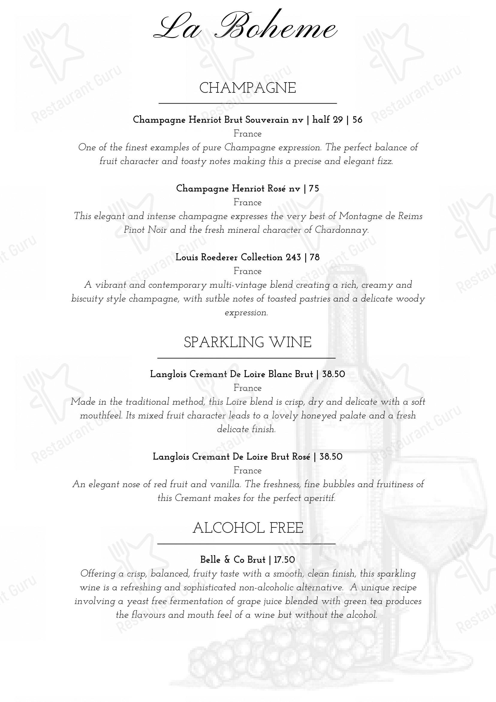 Menu at La Boheme restaurant, Lymm
