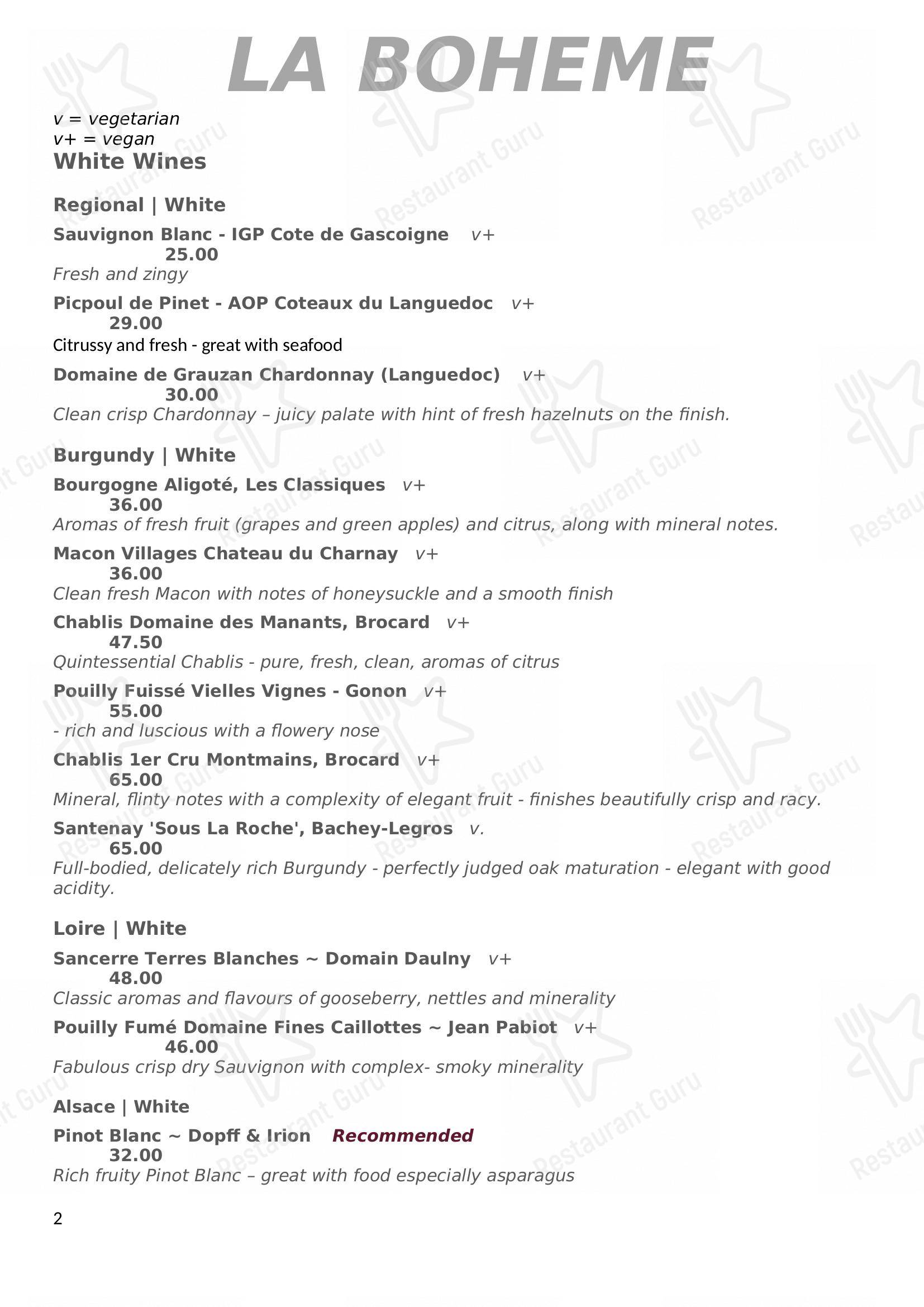 Menu at La Boheme restaurant, Lymm