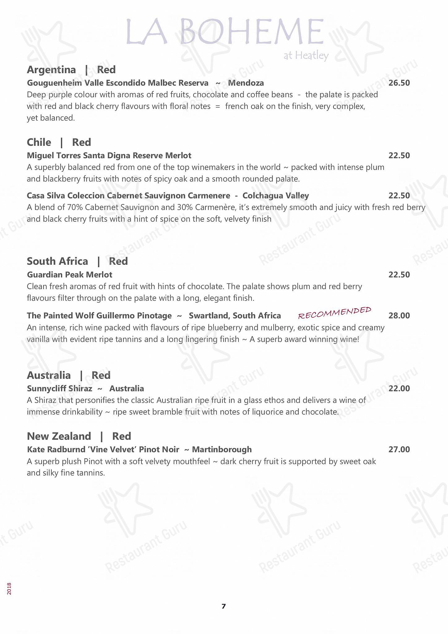 Menu at La Boheme restaurant, Lymm