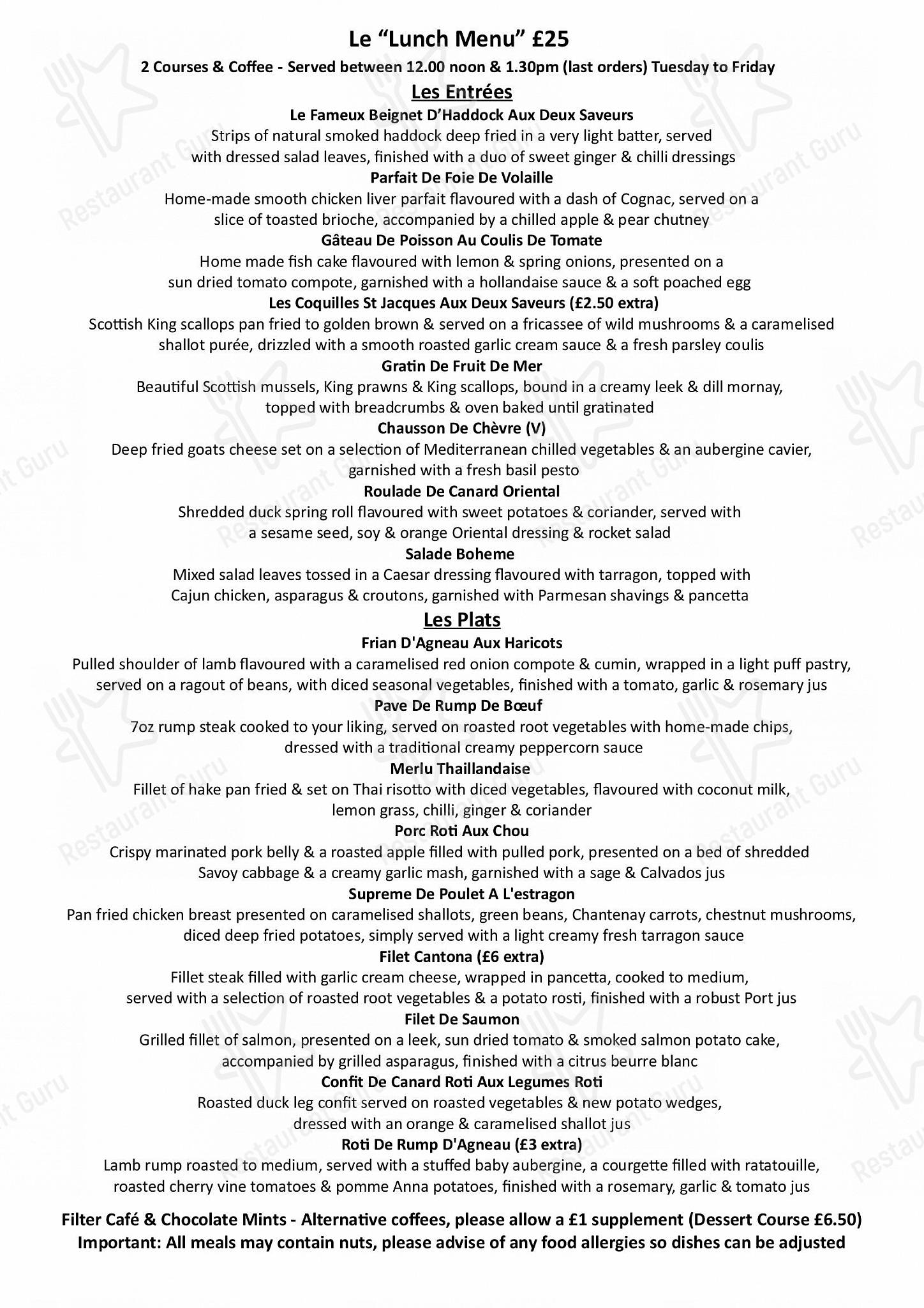 Menu at La Boheme restaurant, Lymm