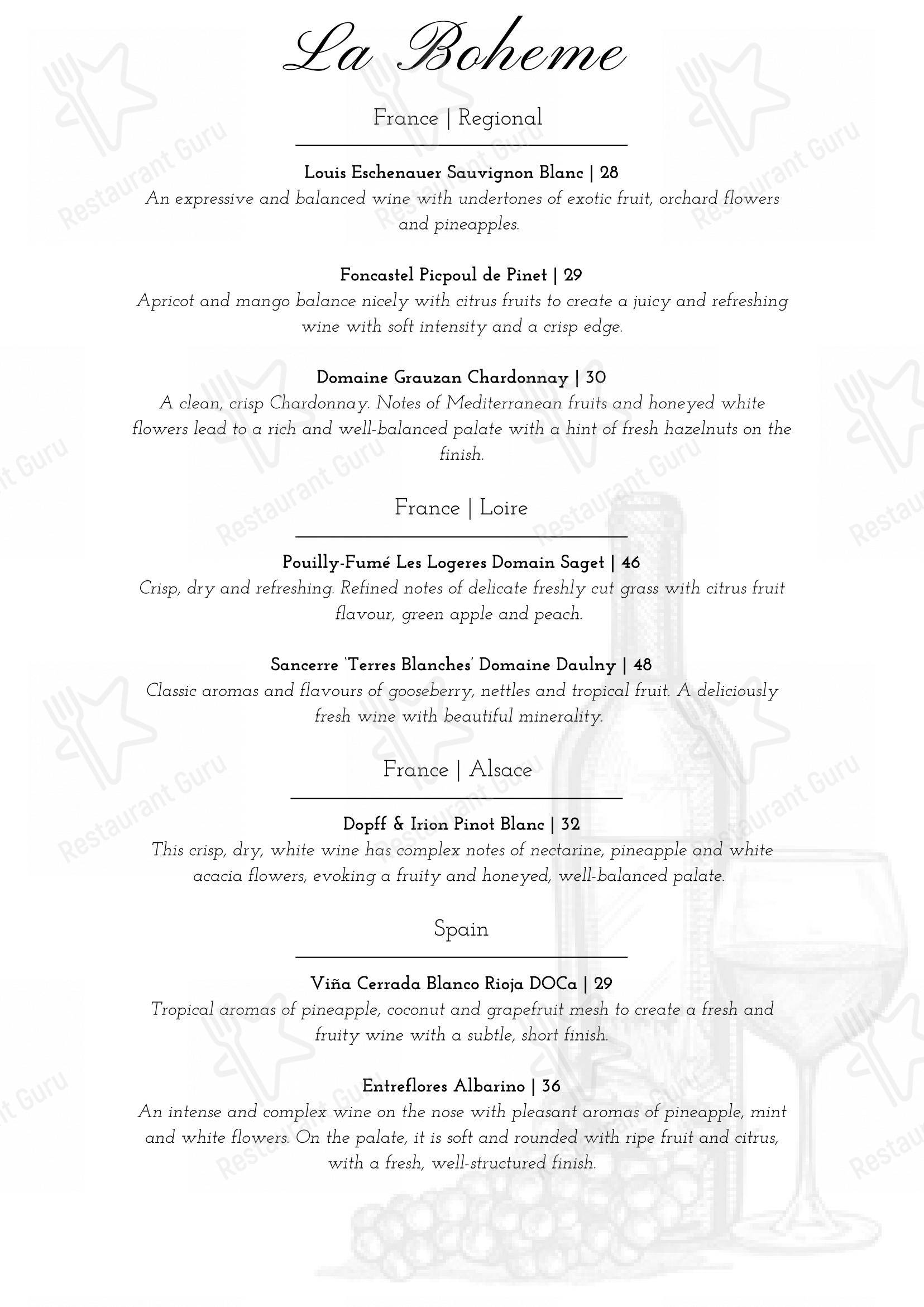 Menu at La Boheme restaurant, Lymm