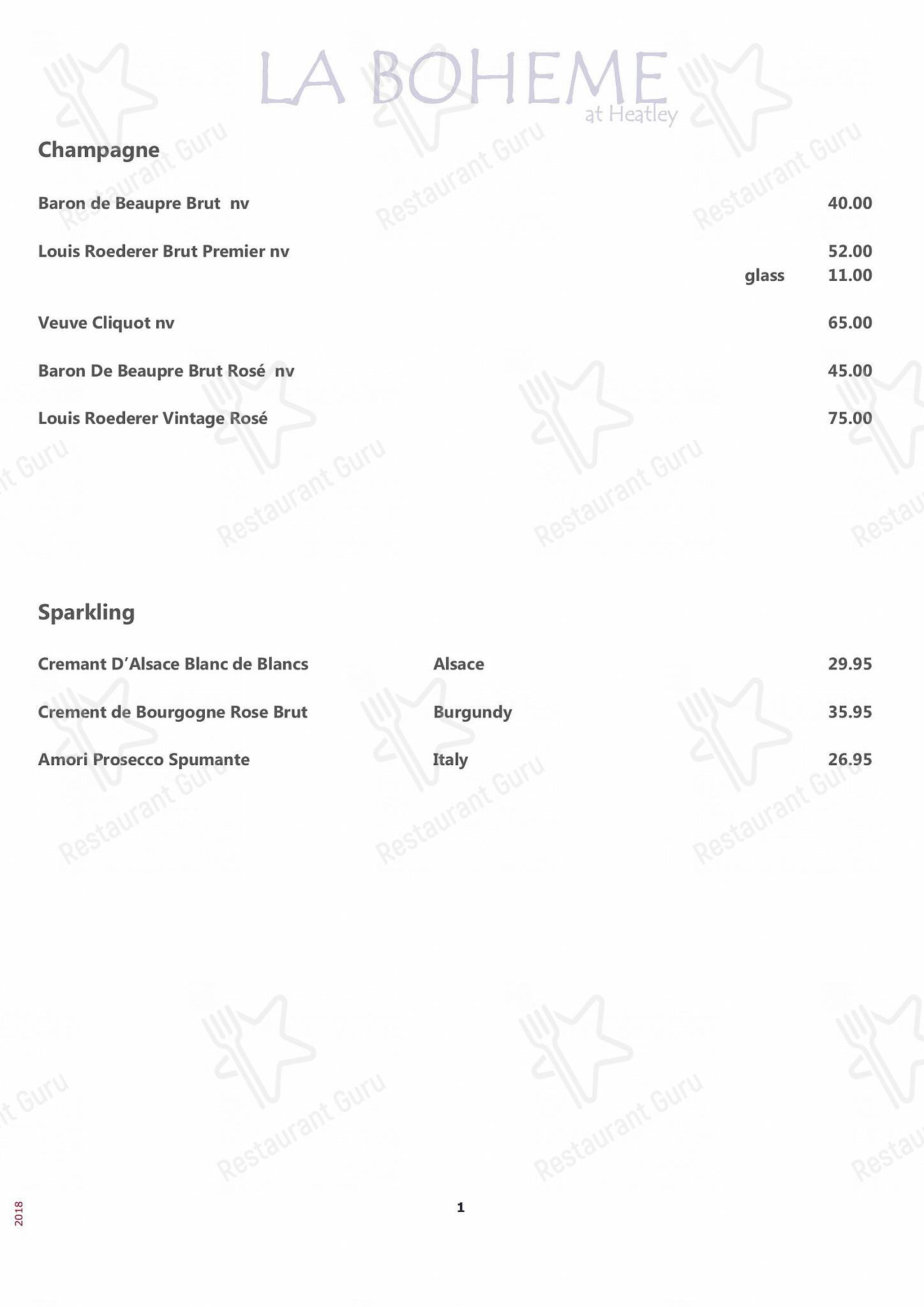 Menu at La Boheme restaurant, Lymm