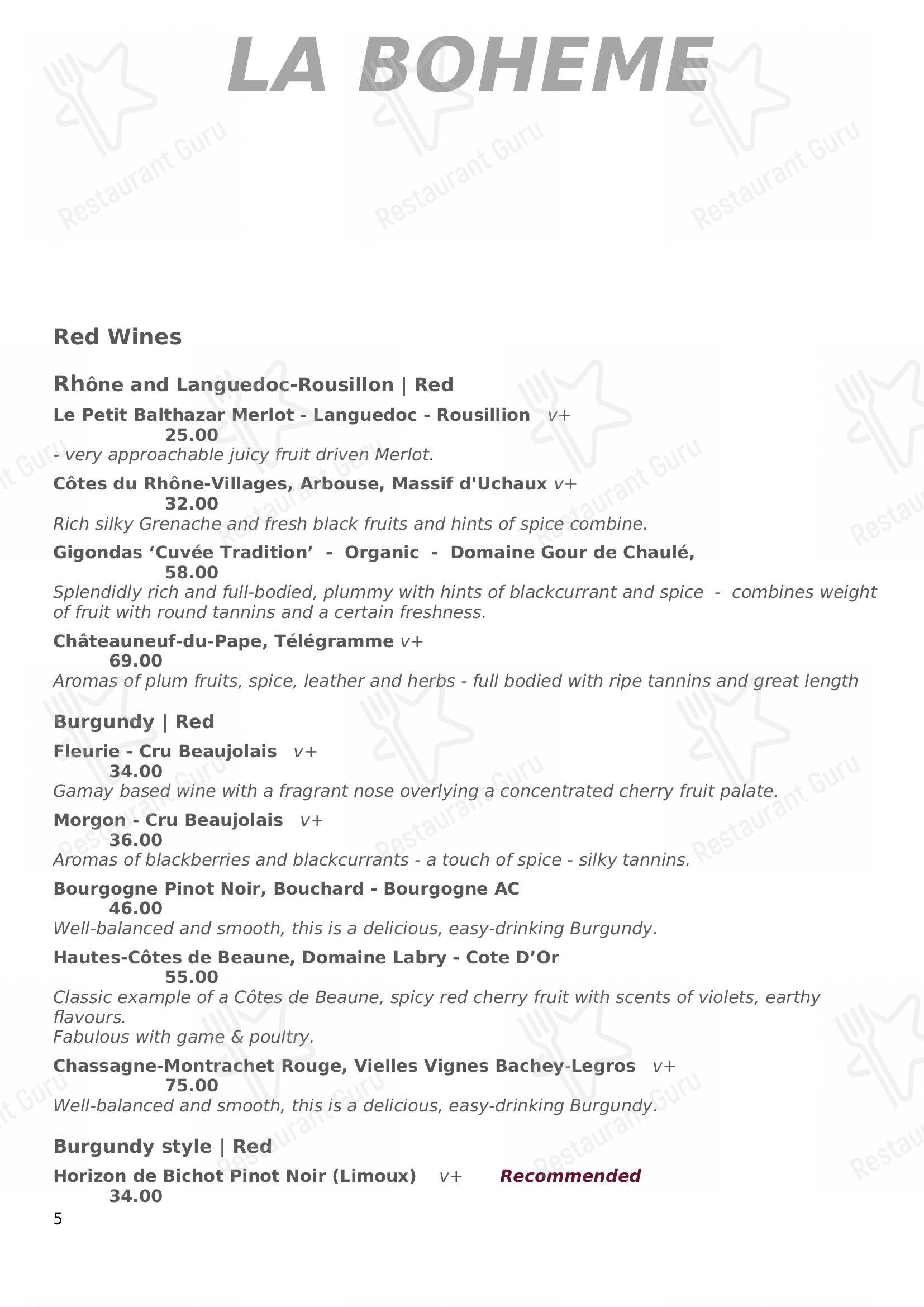 Menu at La Boheme restaurant, Lymm
