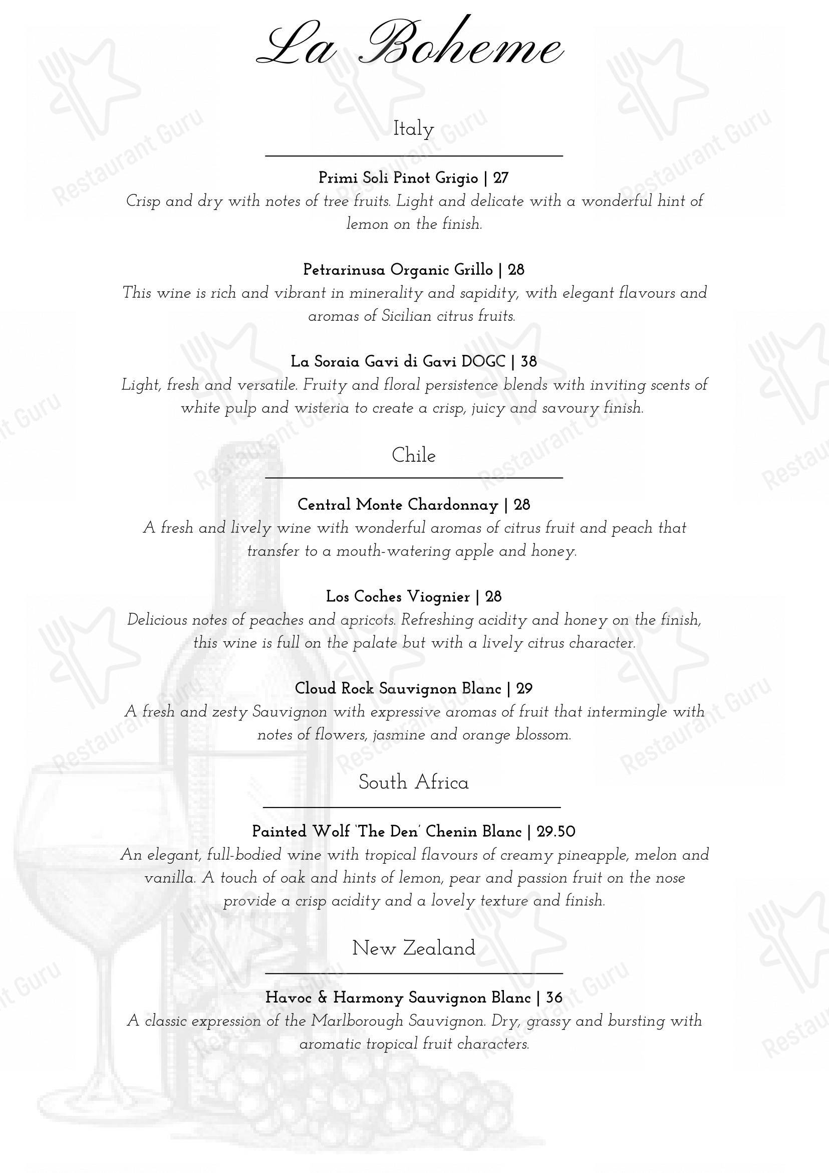 Menu at La Boheme restaurant, Lymm