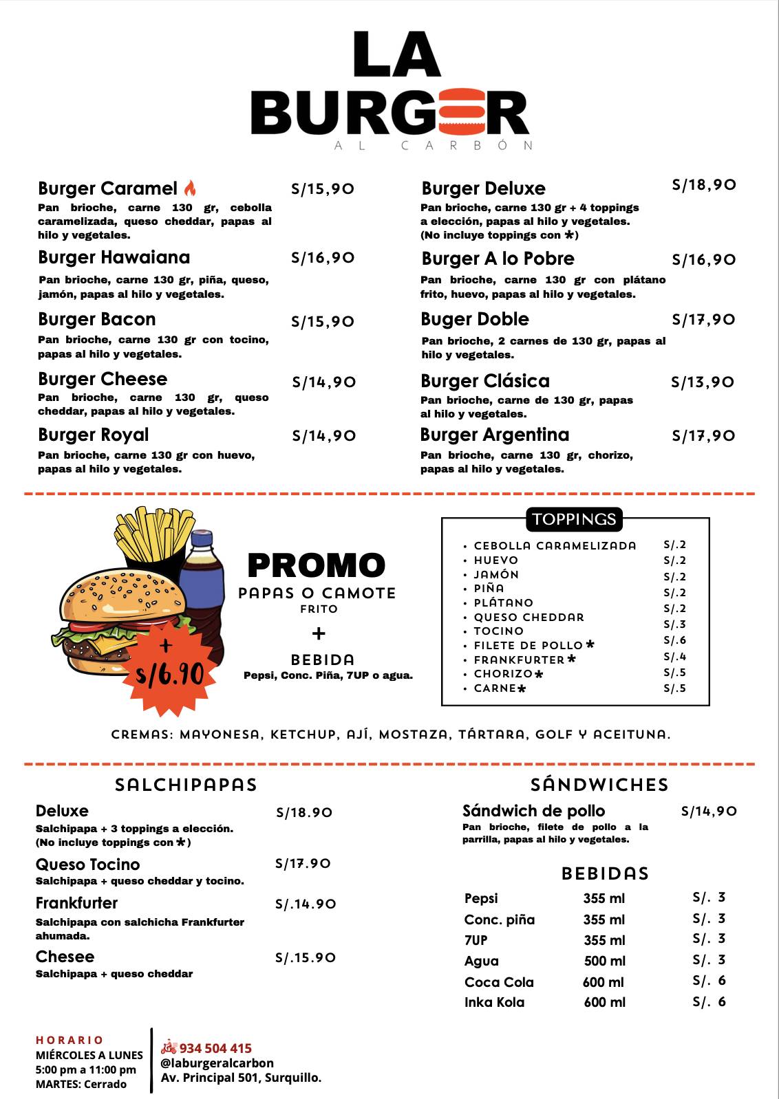 Carta del restaurante La Burger al carbon, Surquillo
