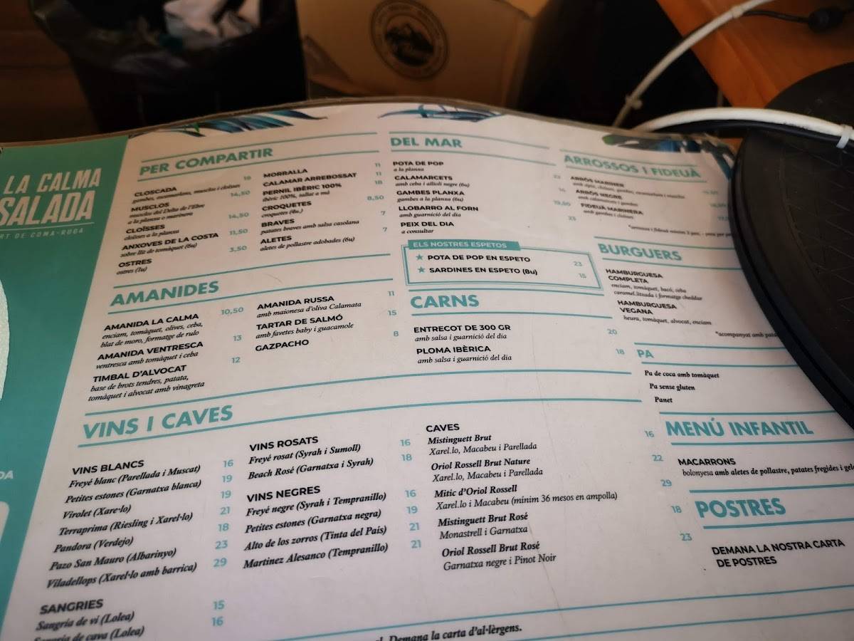 Carta del restaurante LA CALMA SALADA, Comarruga