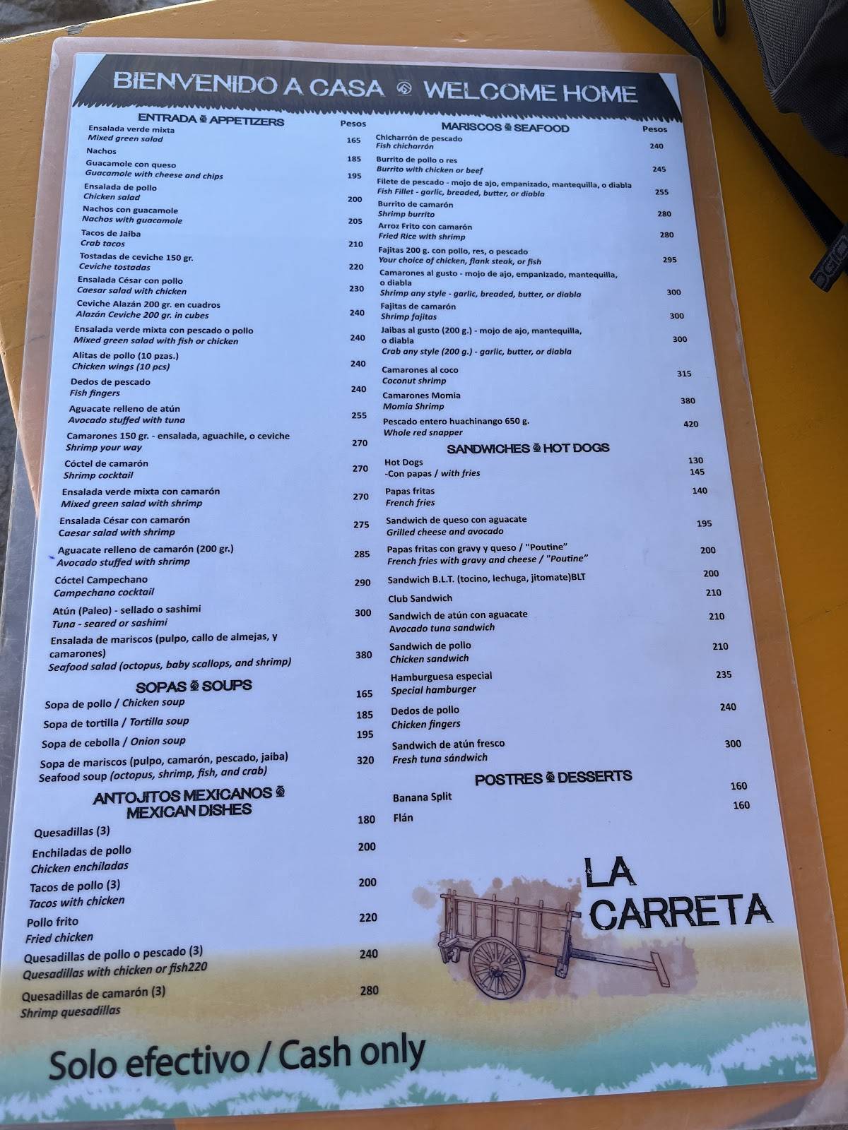 Carta del pub y bar La Carreta, Puerto Vallarta, Pilitas 100