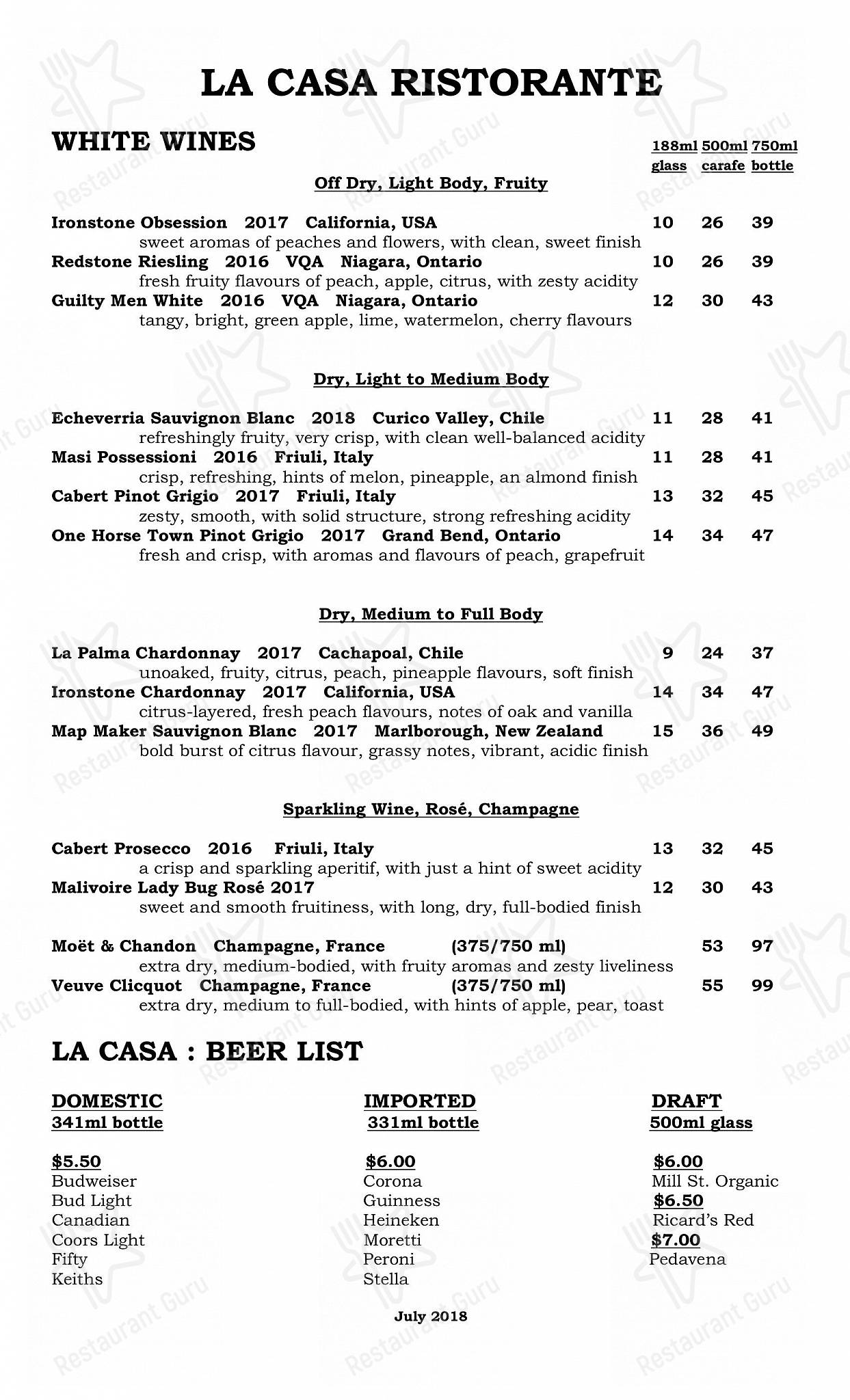 Menu at La Casa Ristorante restaurant, London