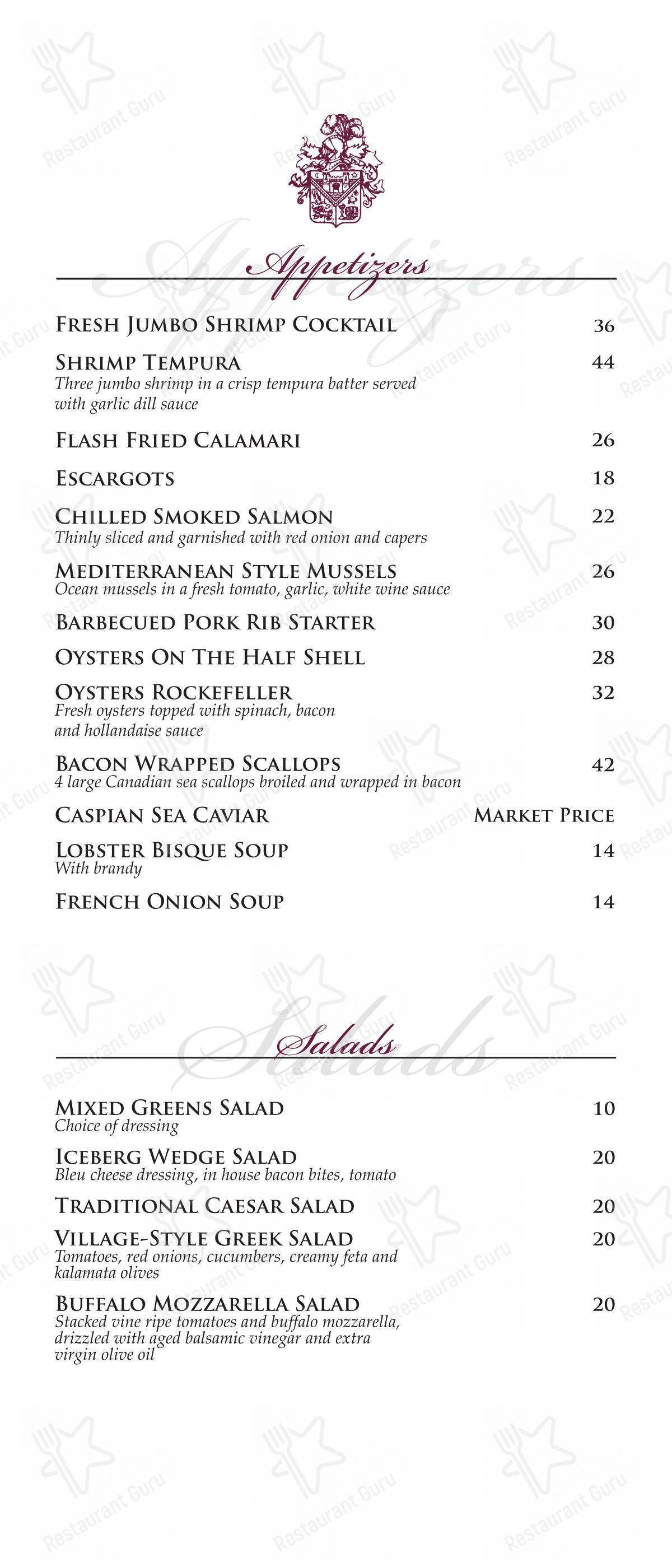 Menu at La Castile steakhouse, Mississauga