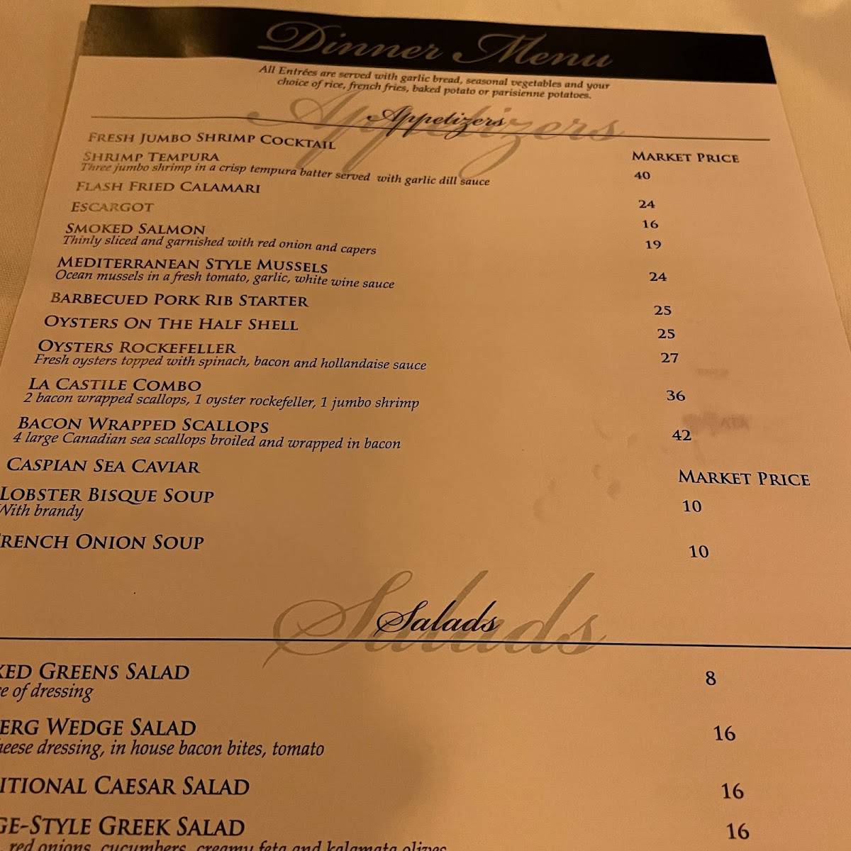 Menu at La Castile steakhouse, Mississauga
