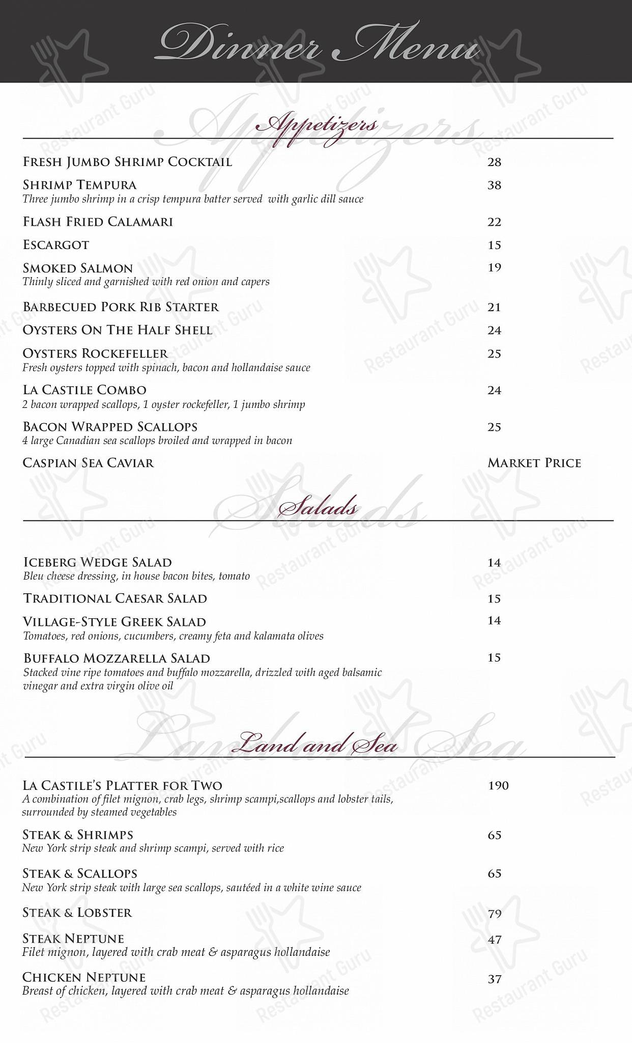 Menu at La Castile steakhouse, Mississauga