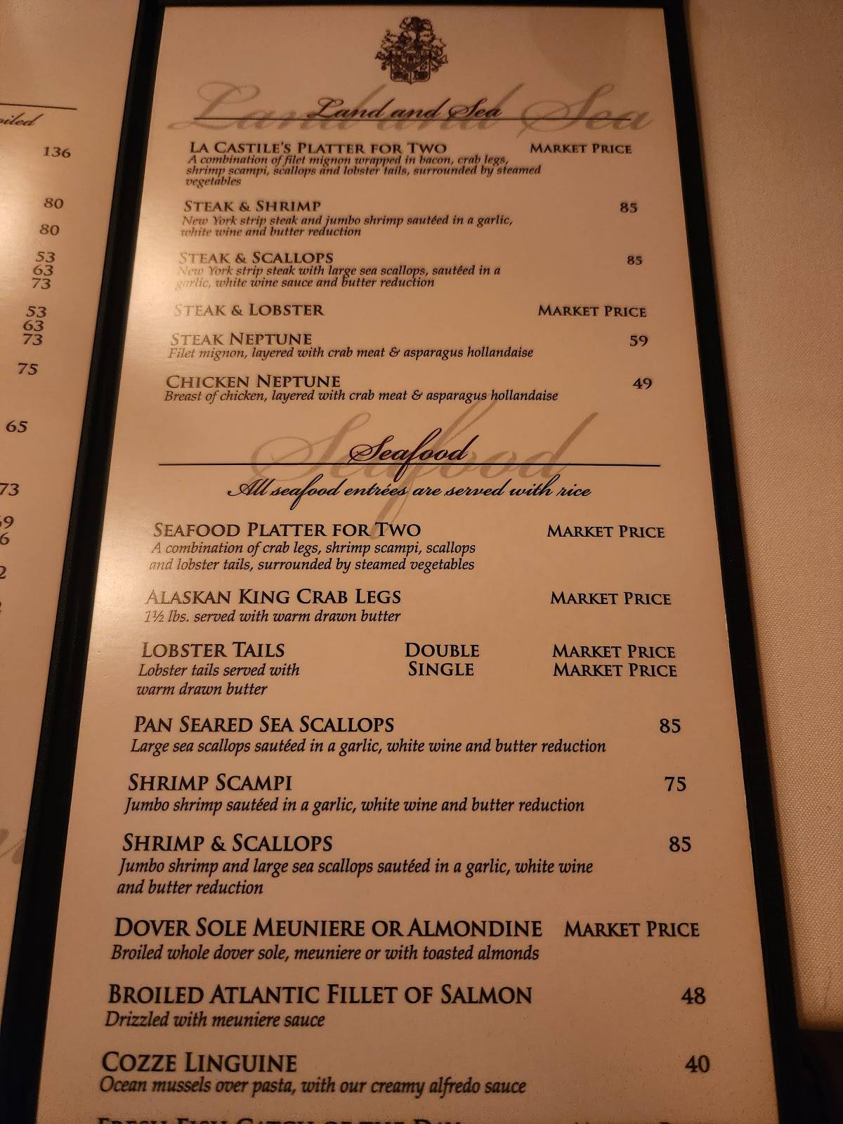 Menu at La Castile steakhouse, Mississauga