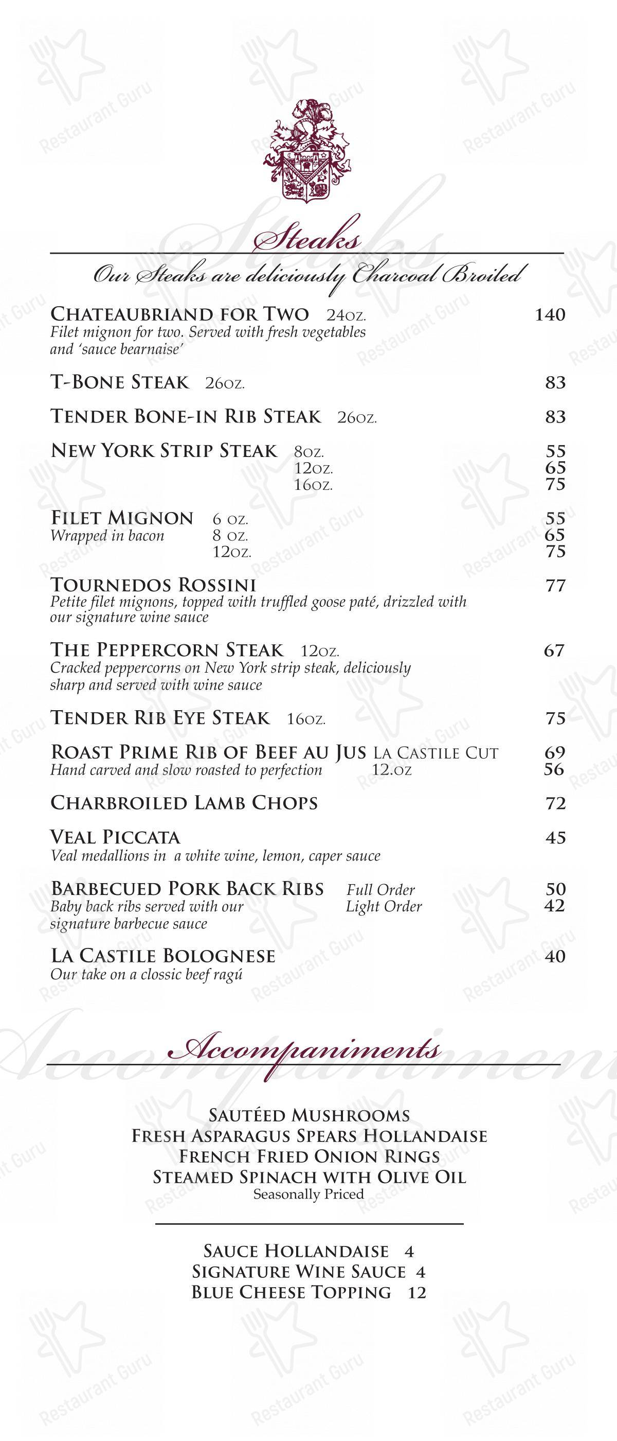 Menu at La Castile steakhouse, Mississauga