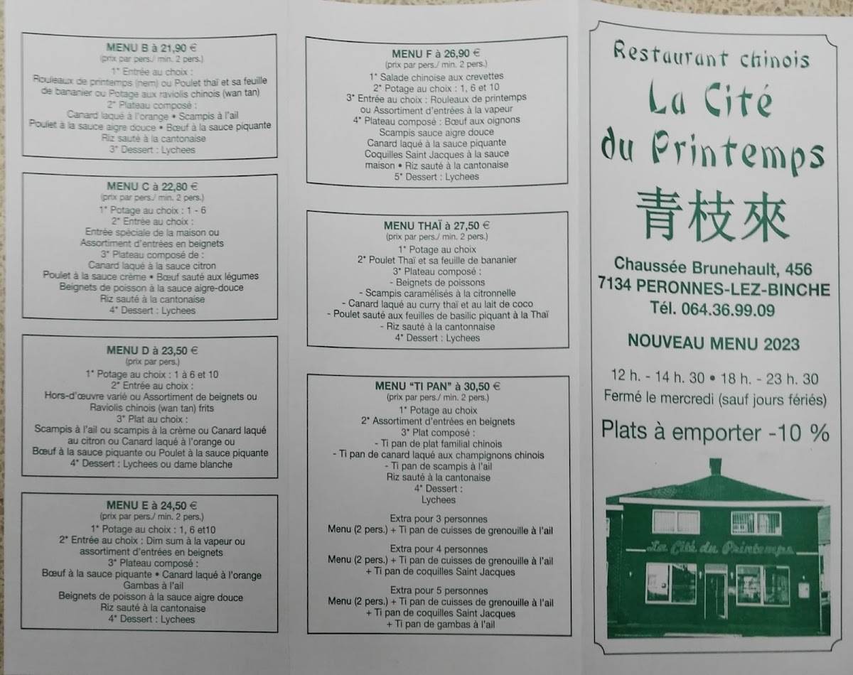 Menu au La Cité du Printemps, Binche, Chau. Brunehault 456