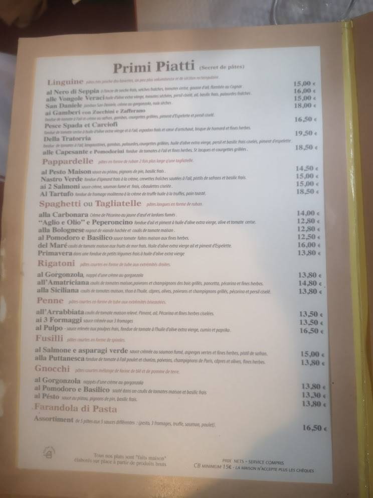 Menu at La Comedia pizzeria, Paris, 107 Rue Monge