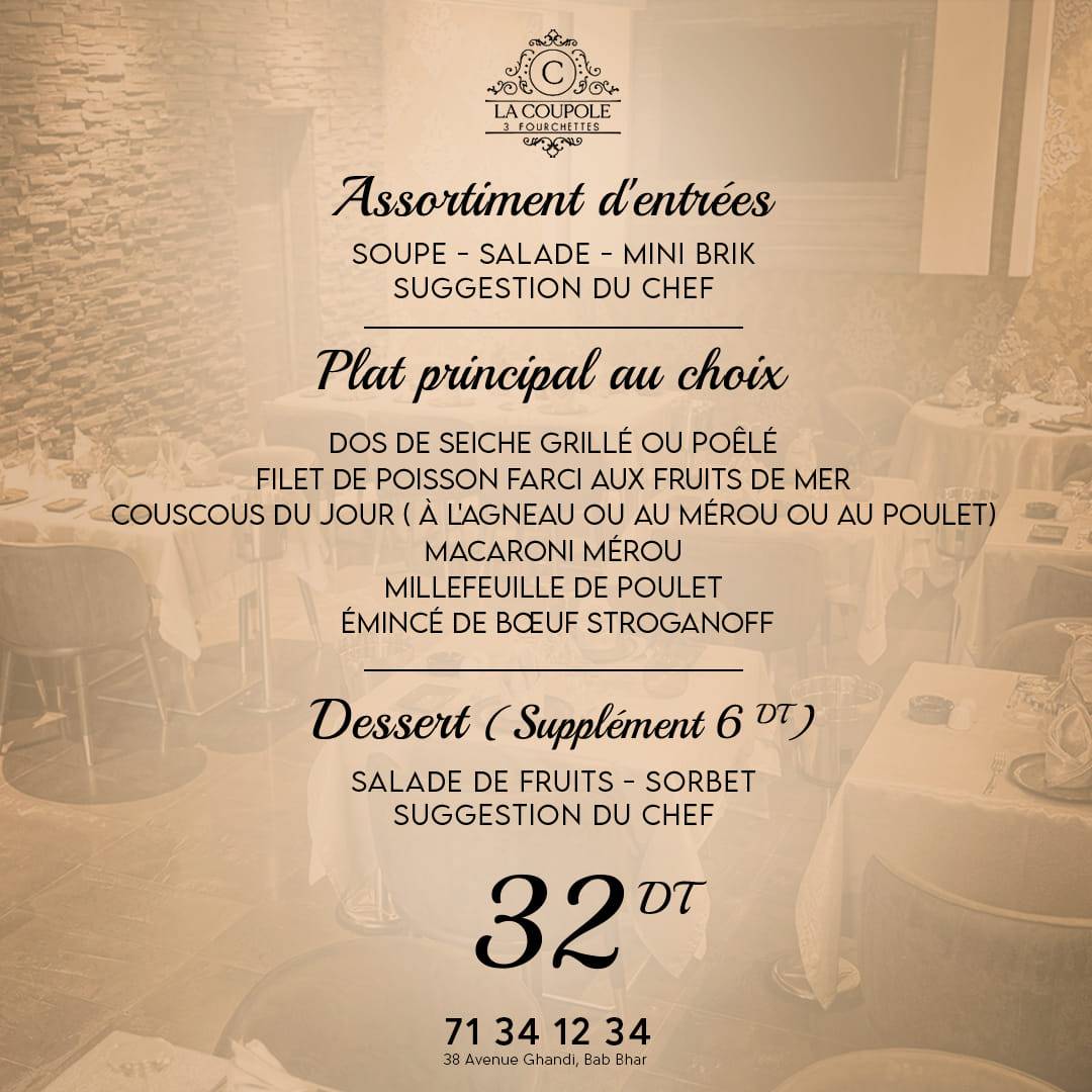 Menu au La Coupole de Tunis restaurant, Tunis