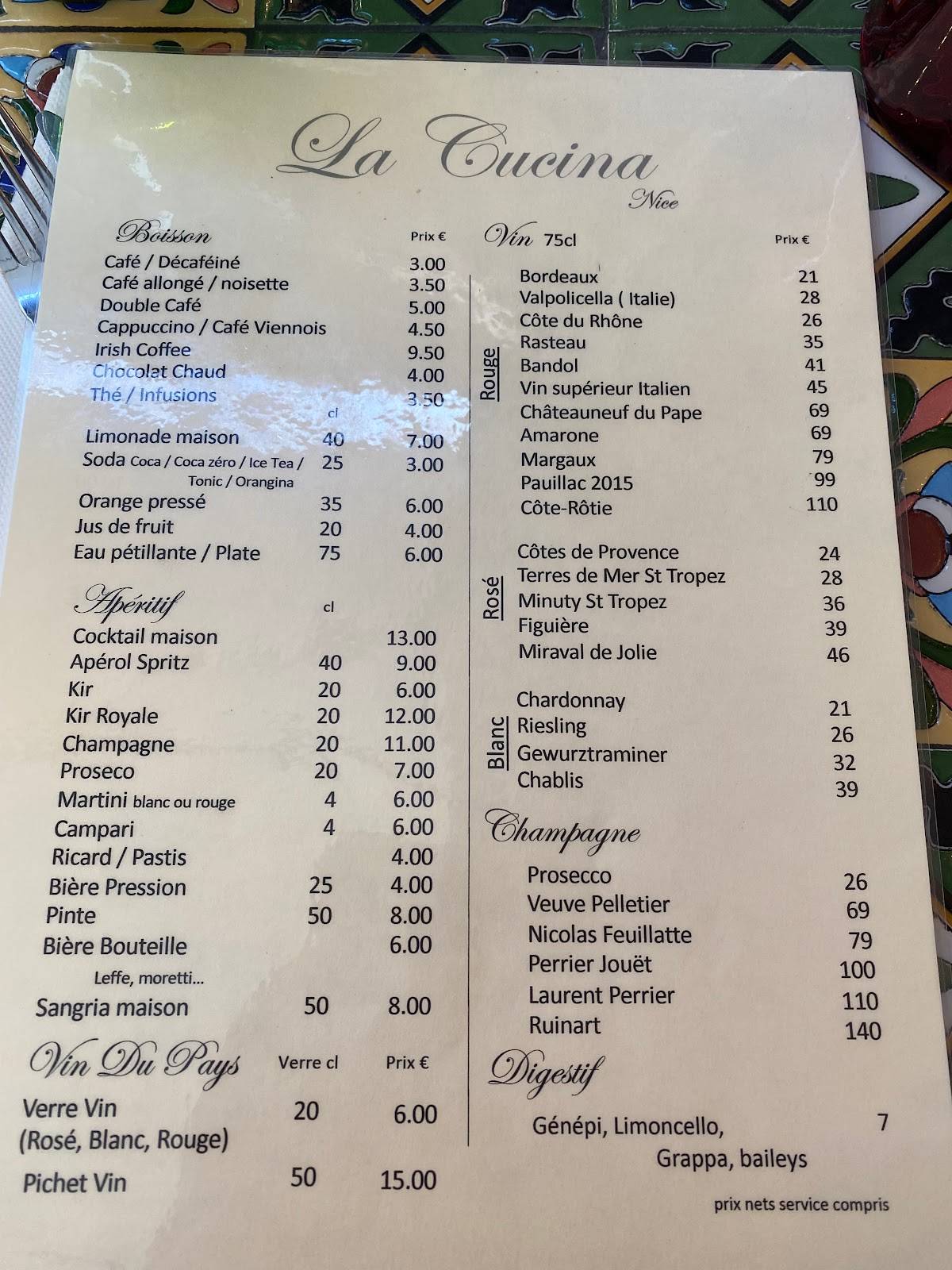 Menu at La Cucina restaurant, Nice