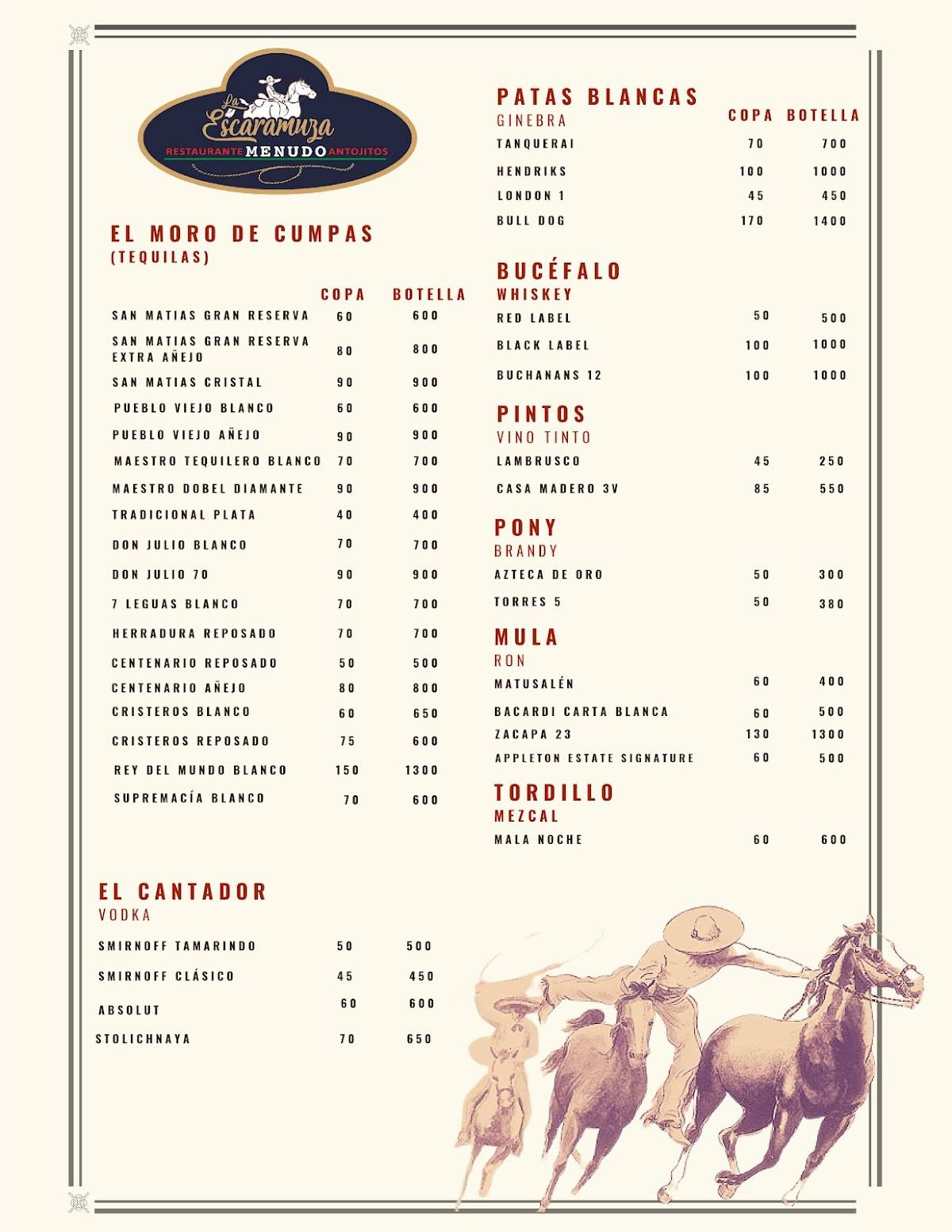 Carta del restaurante La Escaramuza Tepa, Tepatitlán del Morelos