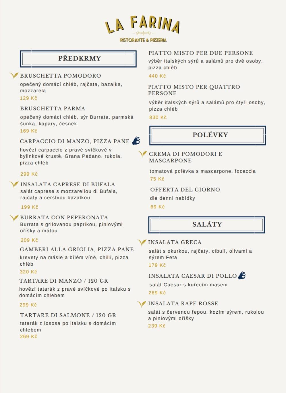 Menu at La Farina Ristorante & Pizzeria, Kolin