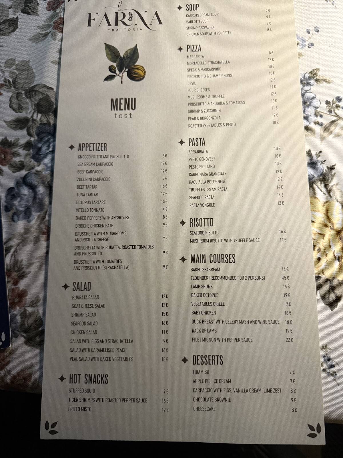 Speisekarte von La Farina Trattoria, Limassol