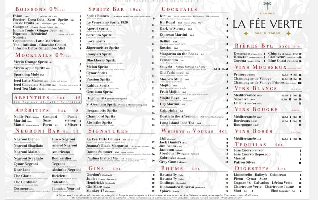 Menu au La Fée Verte Cannes pub et bar, Cannes