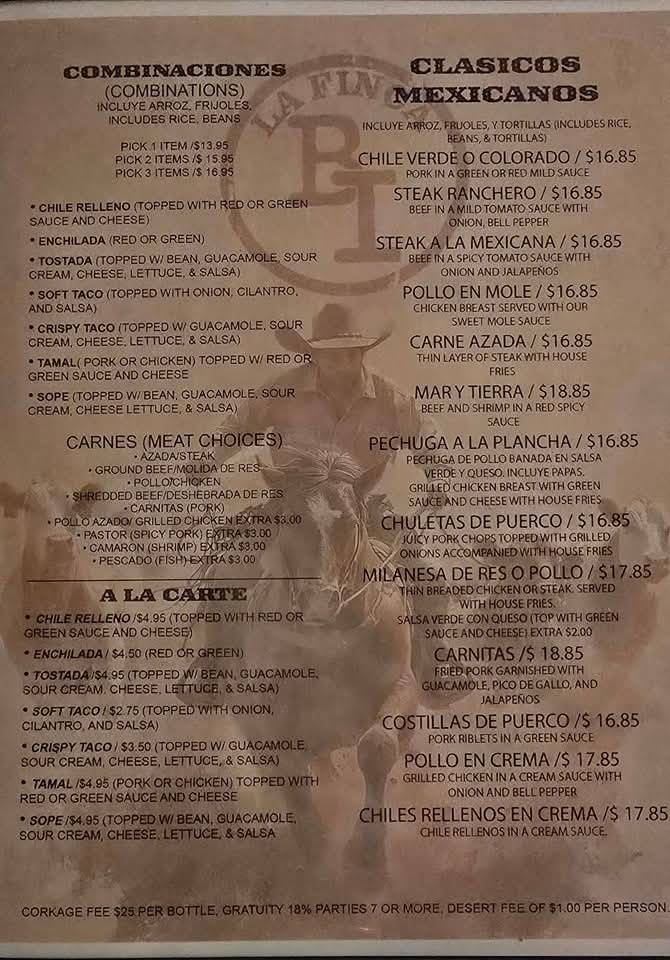 Menu at La Finca Branding Iron steakhouse, Merced