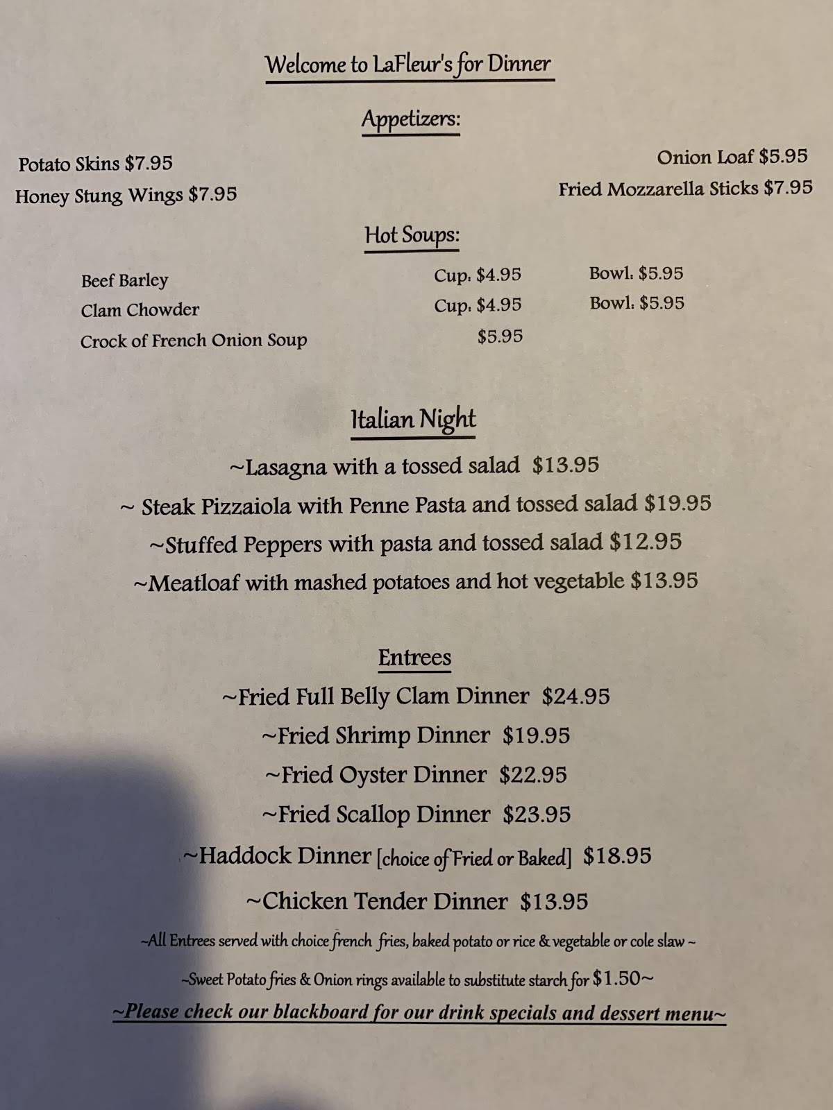Menu at La Fleurs Restaurant, Jay