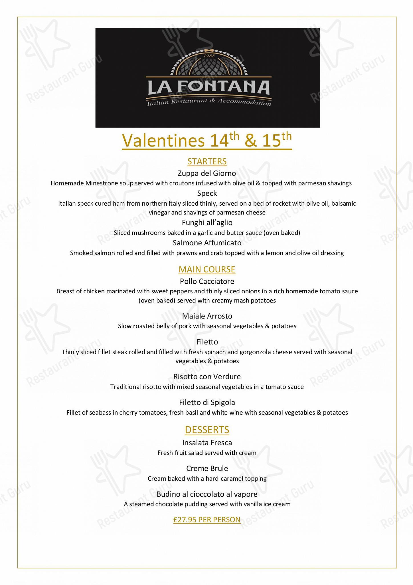 Menu at La Fontana restaurant, East Hanney