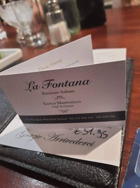Menu at La Fontana restaurant, Waterford