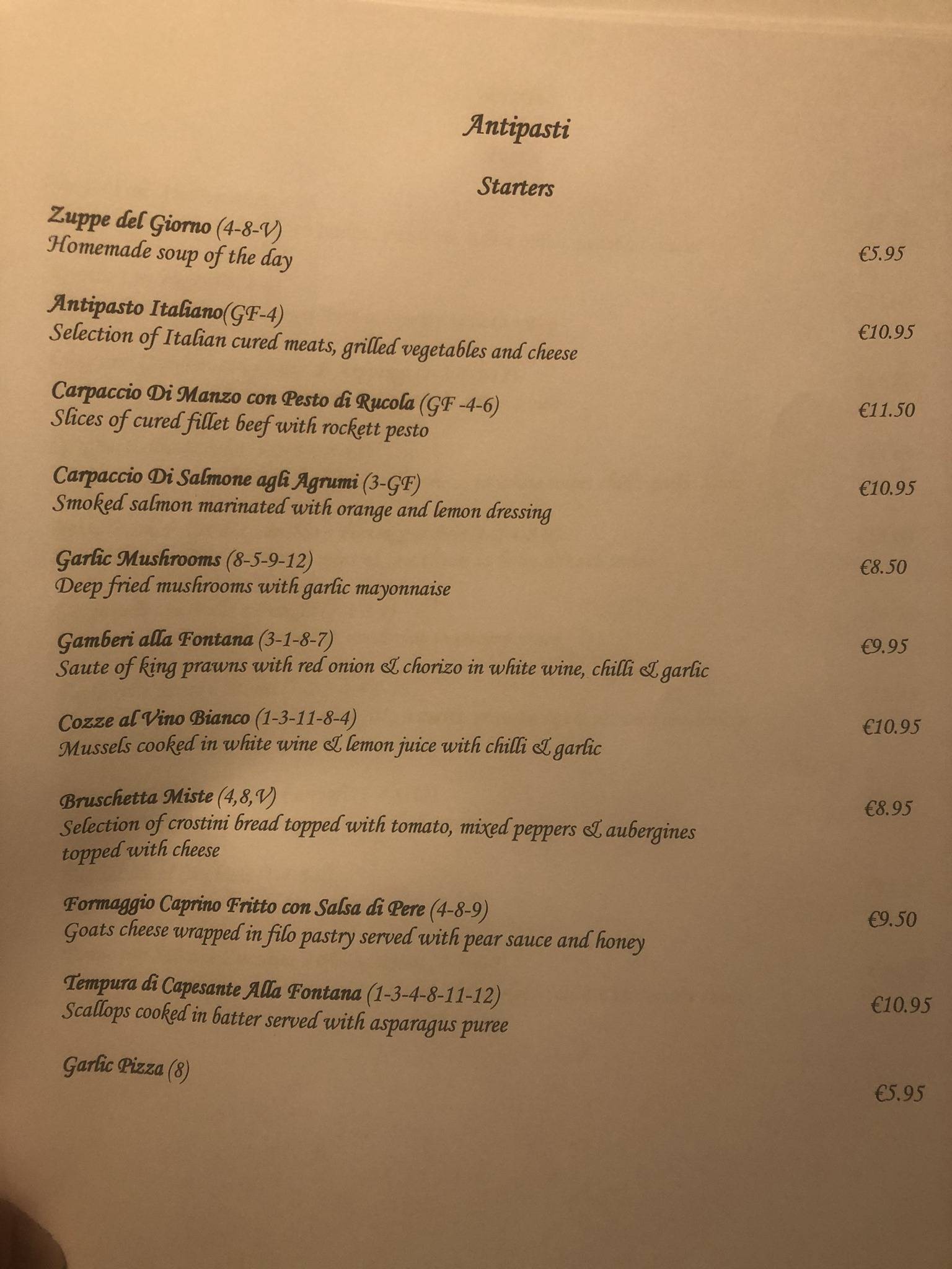 Menu at La Fontana restaurant, Waterford