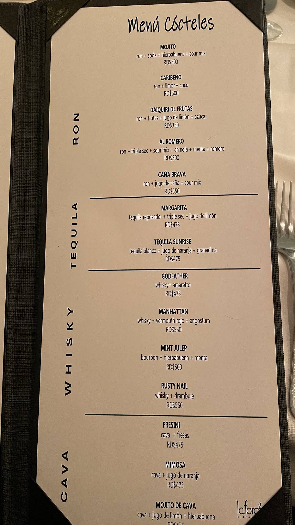 Menu at La Forchetta restaurant, Santo Domingo, C. Mustafá Kemal Ataturk 43