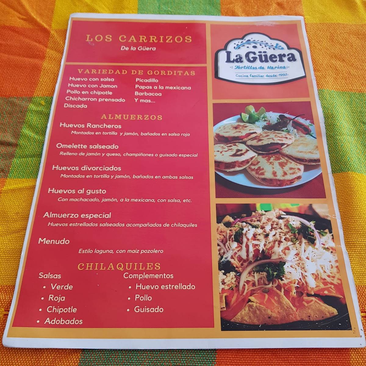 Menu at La Güera restaurant, Saltillo, Calle Ignacio Zaragoza 315