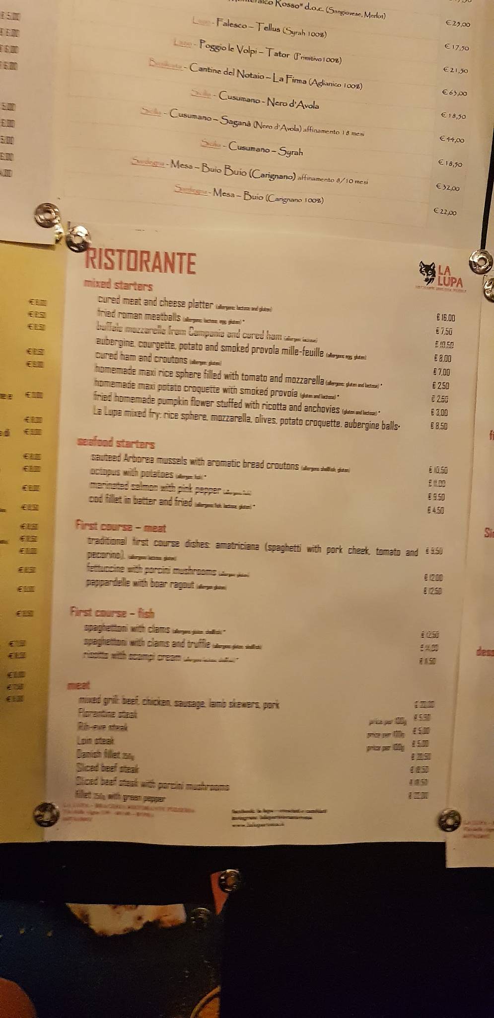 Menu da Ristorante La Lupa, Roma, Via delle Vigne