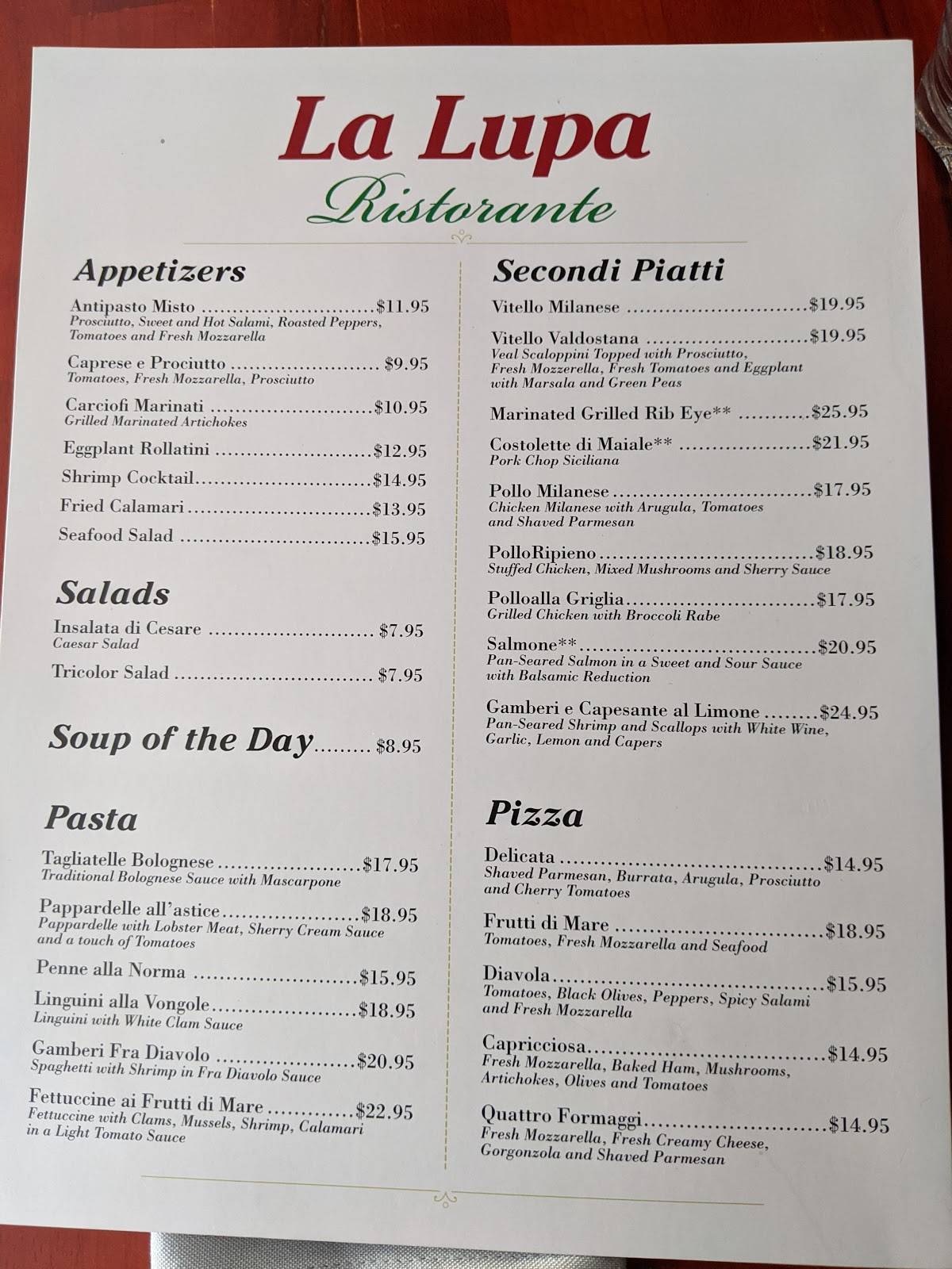 Menu at La Lupa Ristorante restaurant, North Haven