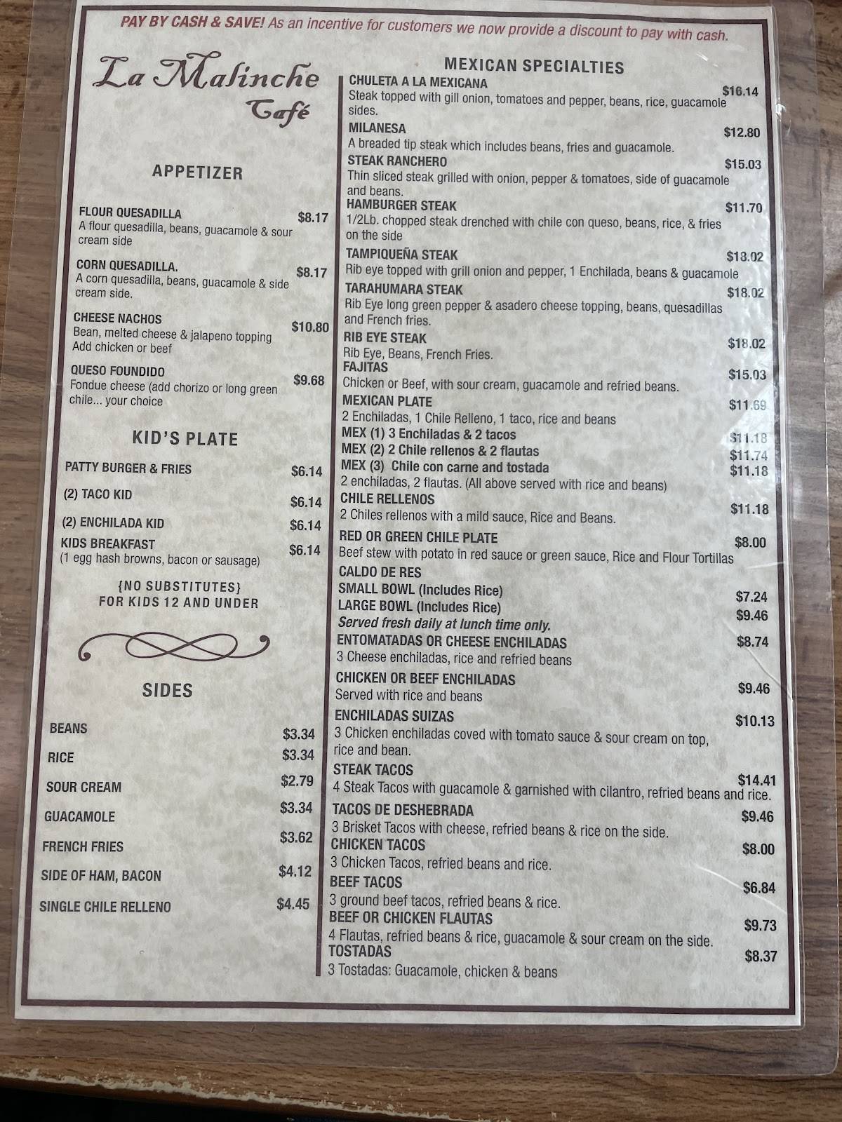 Menu at La Malinche restaurant, El Paso, Doniphan Dr # A1