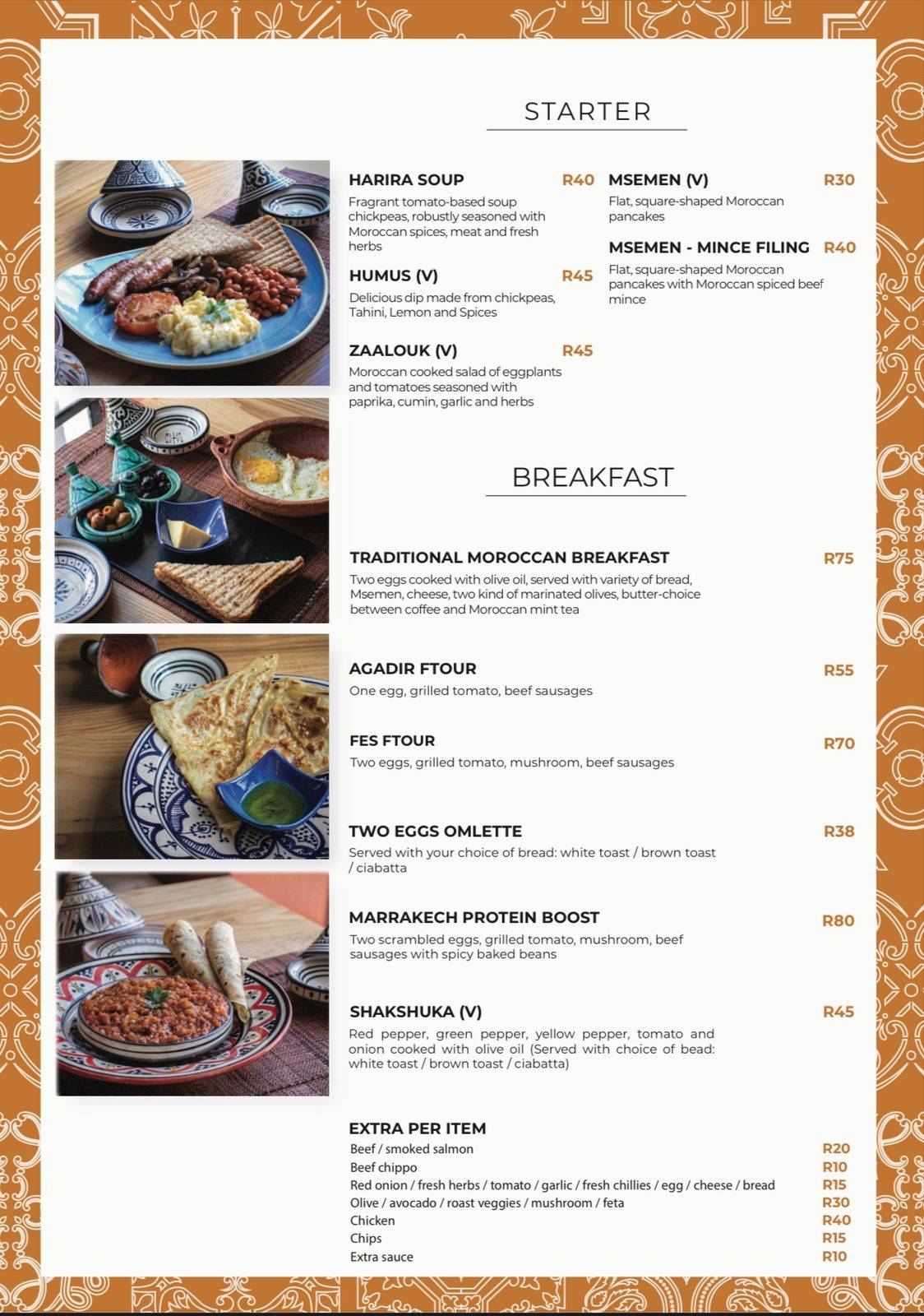 Menu at La Menara restaurant, Cape Town
