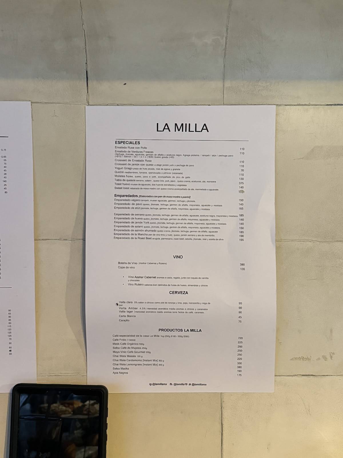 Carta del restaurante La Milla, Ciudad López Mateos