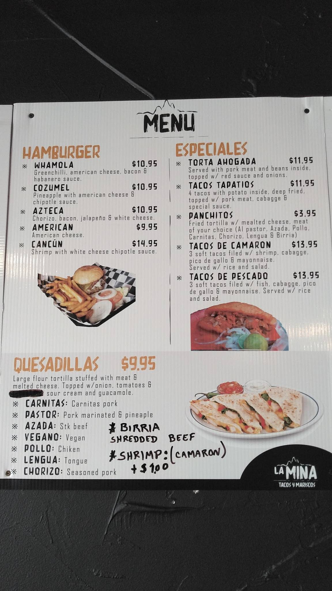 Menu at La Mina Tacos & Mariscos restaurant, Leadville