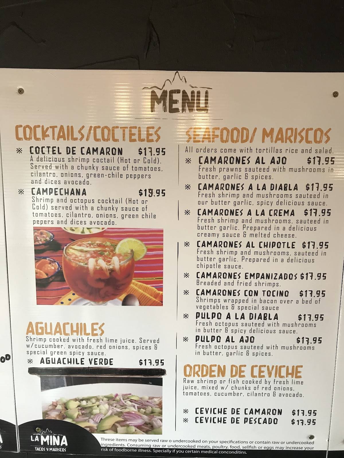 Menu at La Mina Tacos & Mariscos restaurant, Leadville