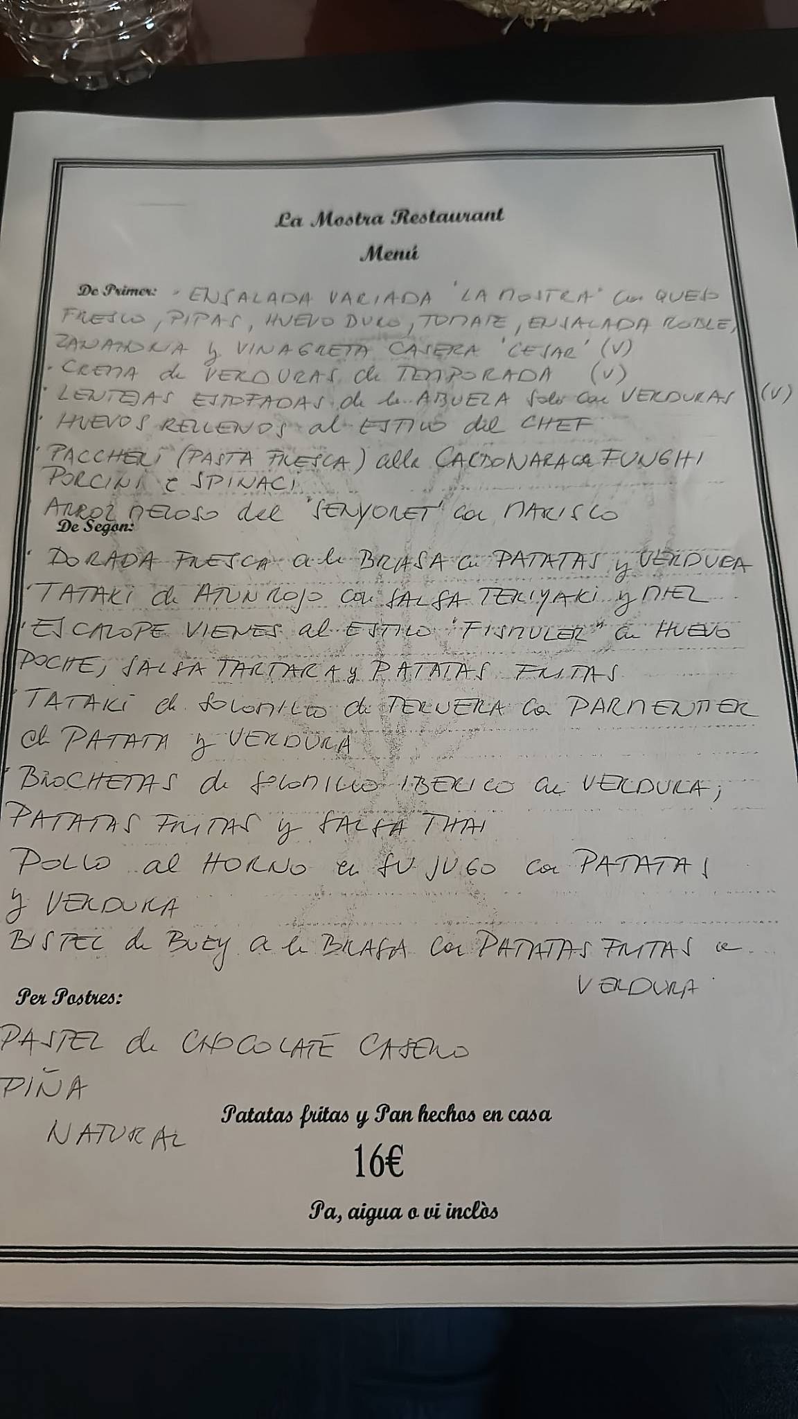 Carta del restaurante La Mostra, Barcelona
