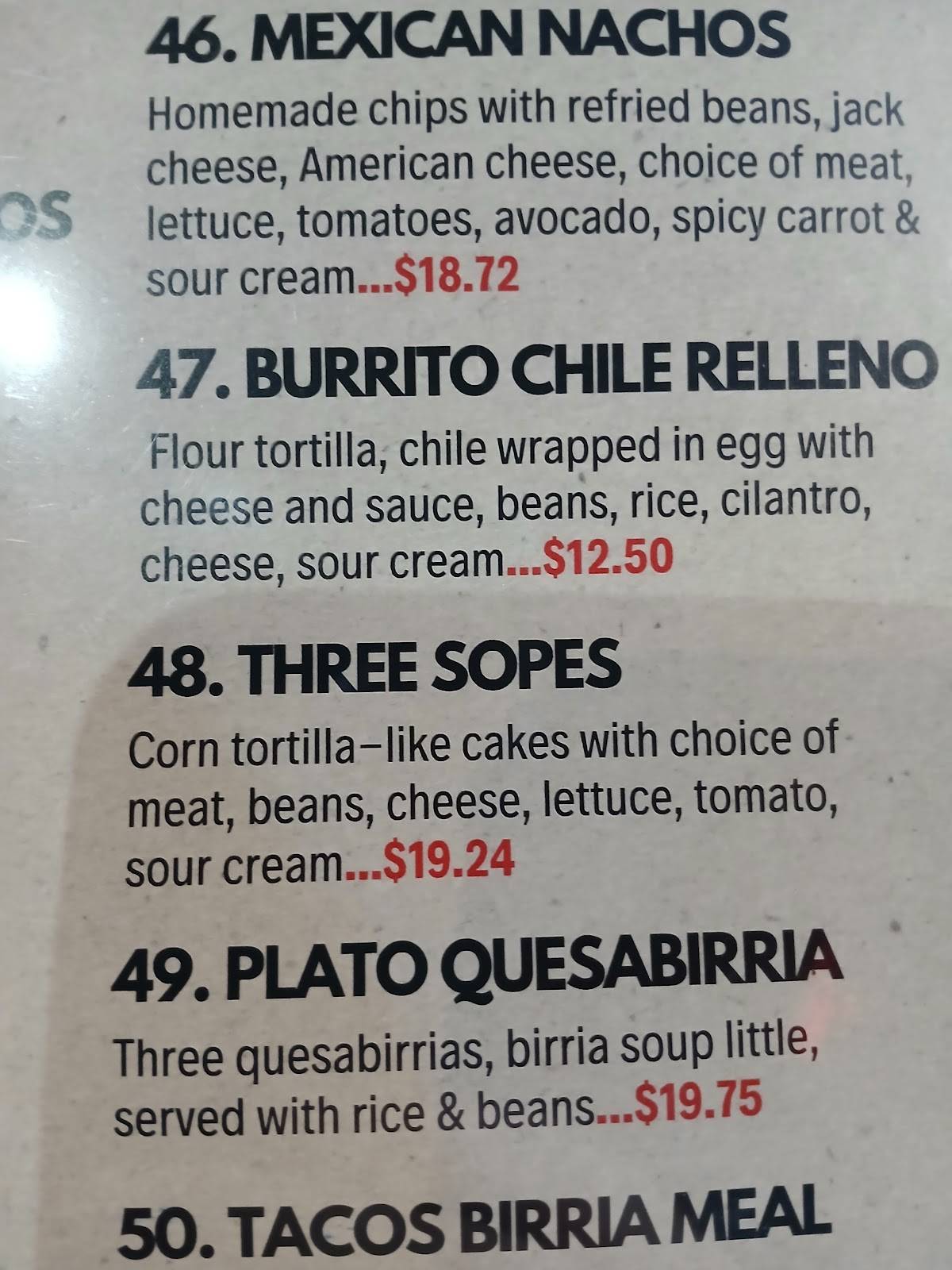 Menu at La Palmita Taqueria restaurant, Billings