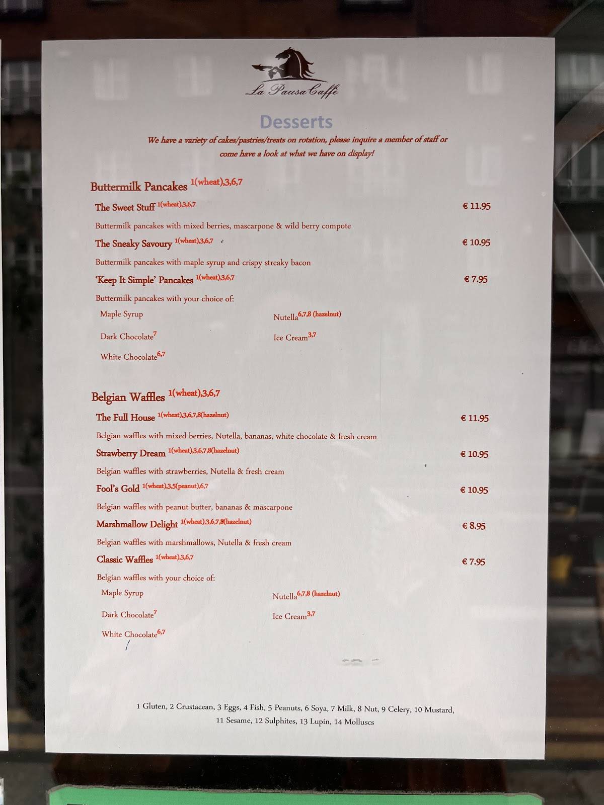 Menu at La Pausa Caffe cafe, Dublin