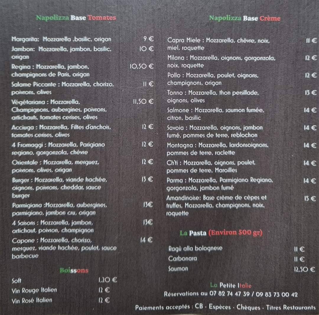 Menu au La Petite Italie Artisan Pizzaiolo restaurant, Saint-Amand-les-Eaux