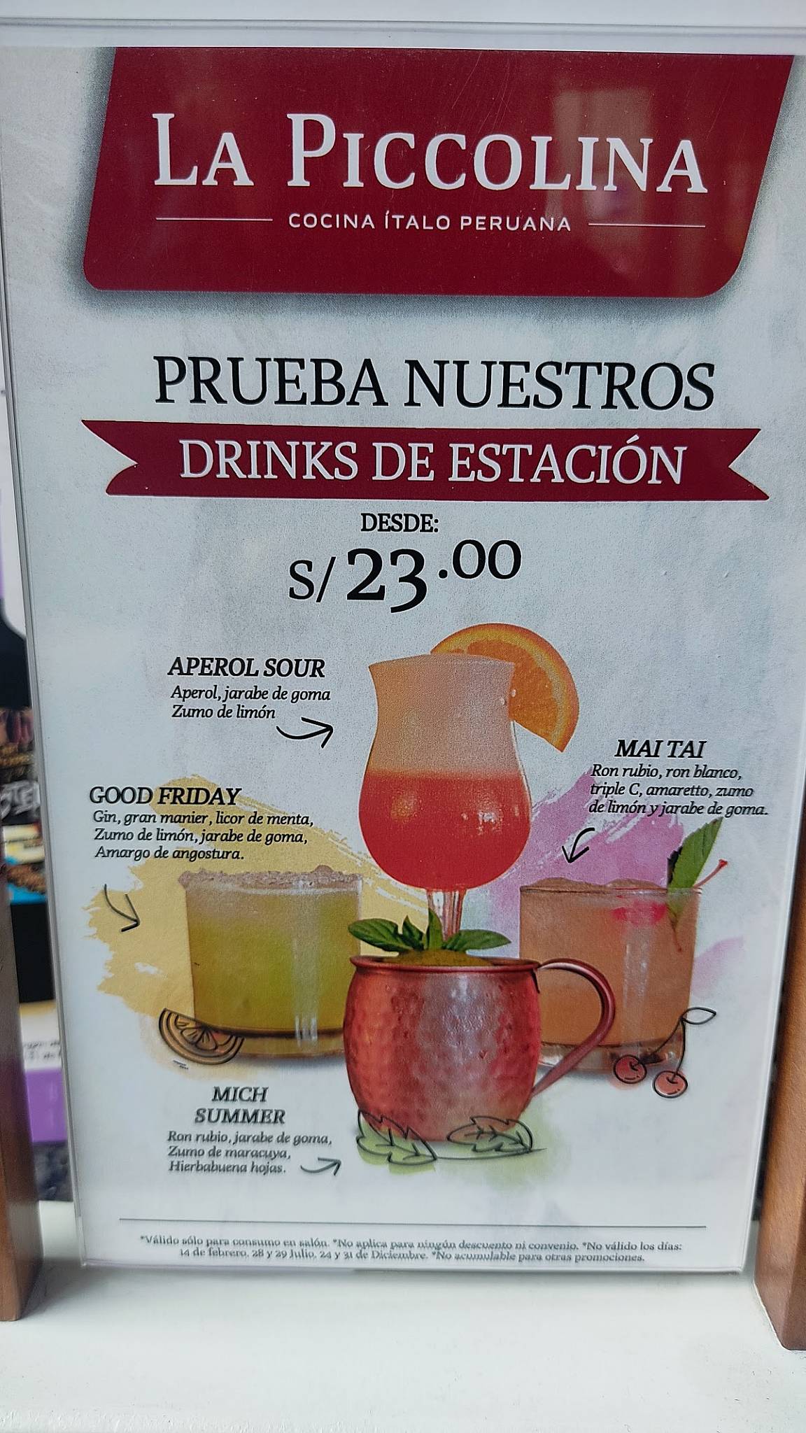 Carta del restaurante La Piccolina, San Borja, C. Morelli 235