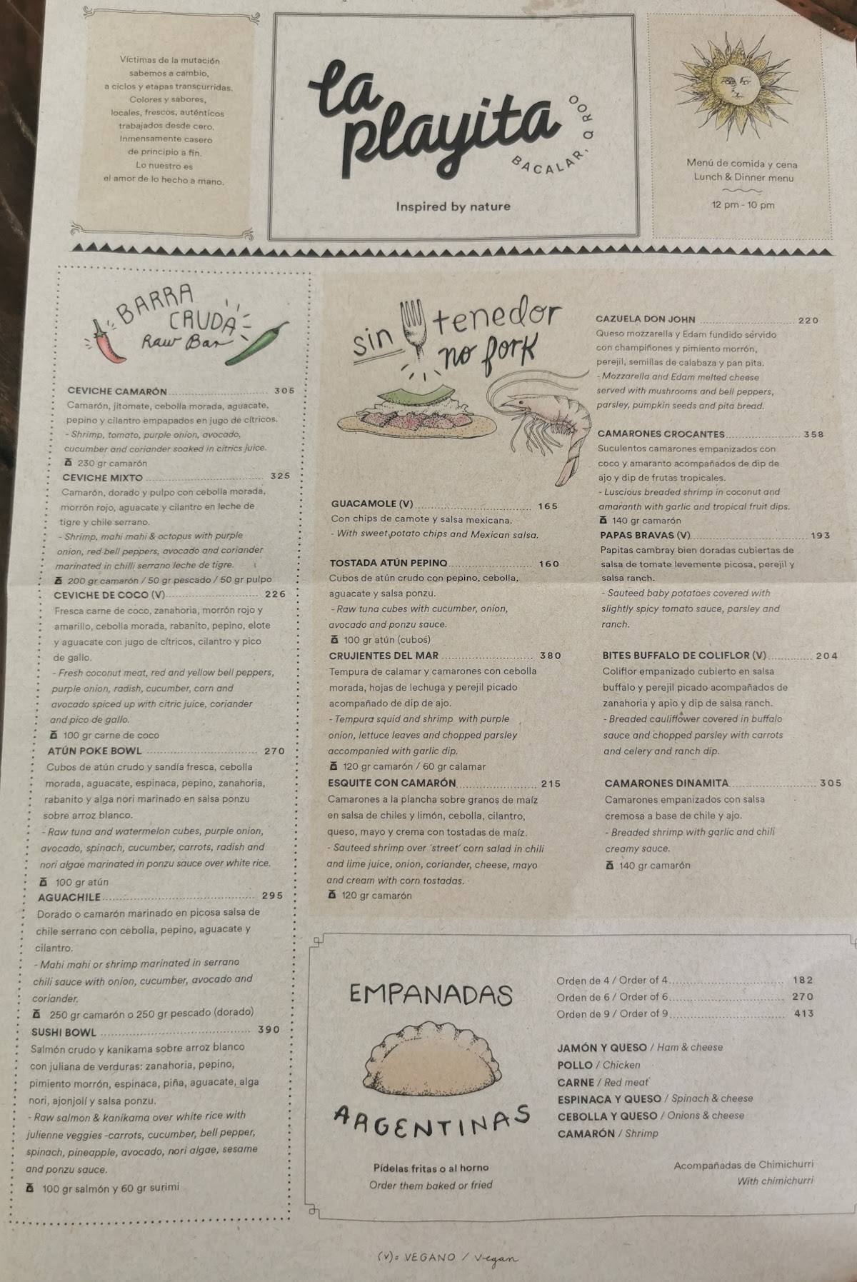 Menu at La Playita restaurant, Bacalar